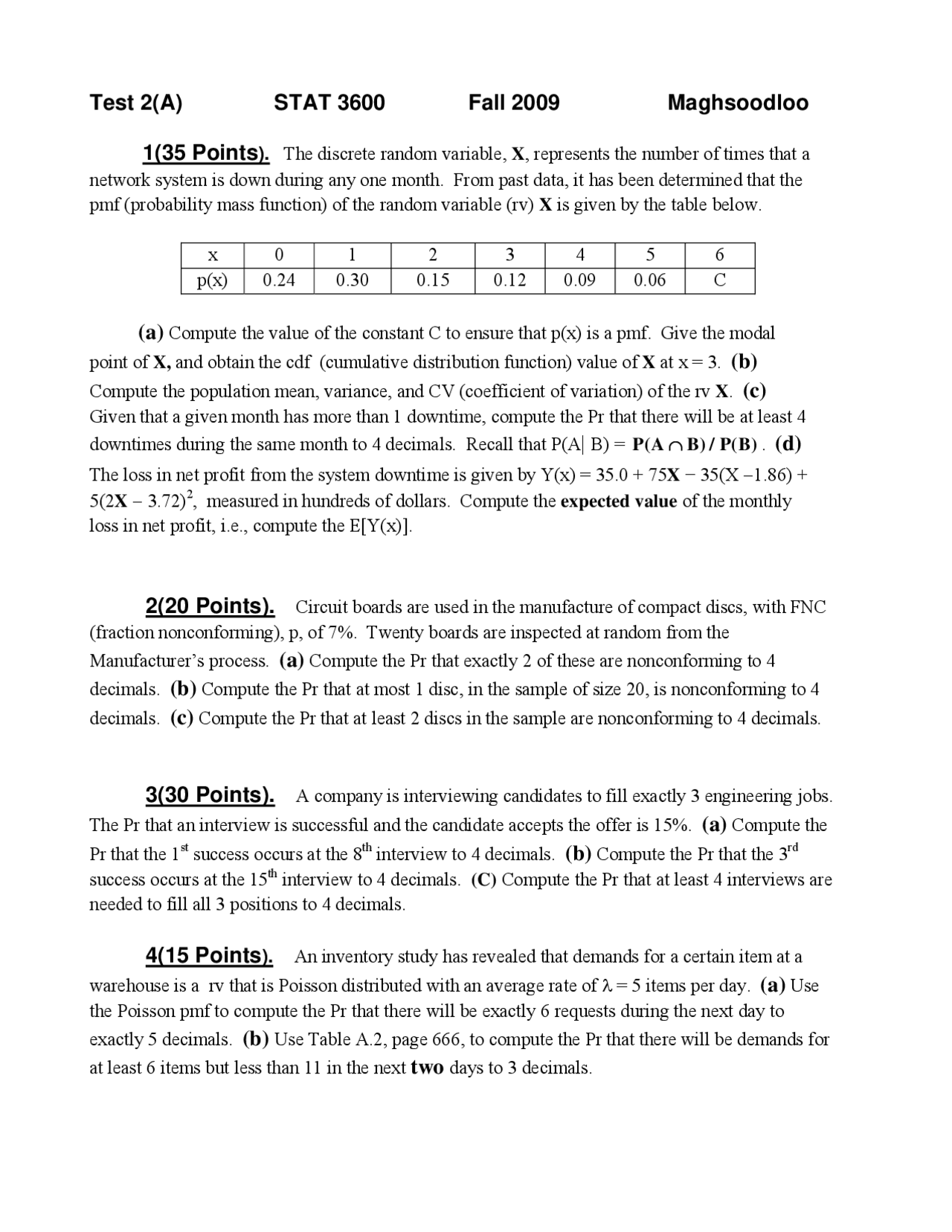 Test 2 with Answers - Probability and Statistics I | STAT 3600 - Docsity
