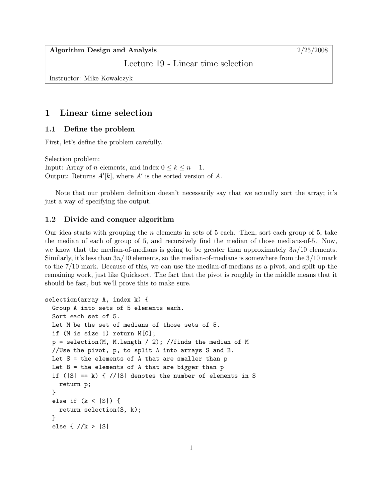 Notes On Linear Time Selection Algorithms Design And Analysis Cs 4227