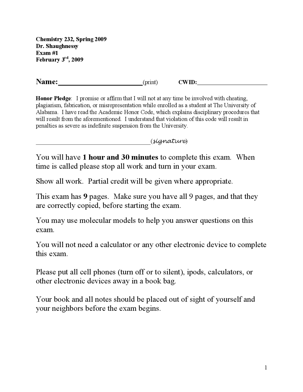 Exam One Questions For Elementary Organic Chemistry Ii Ch 232 Docsity