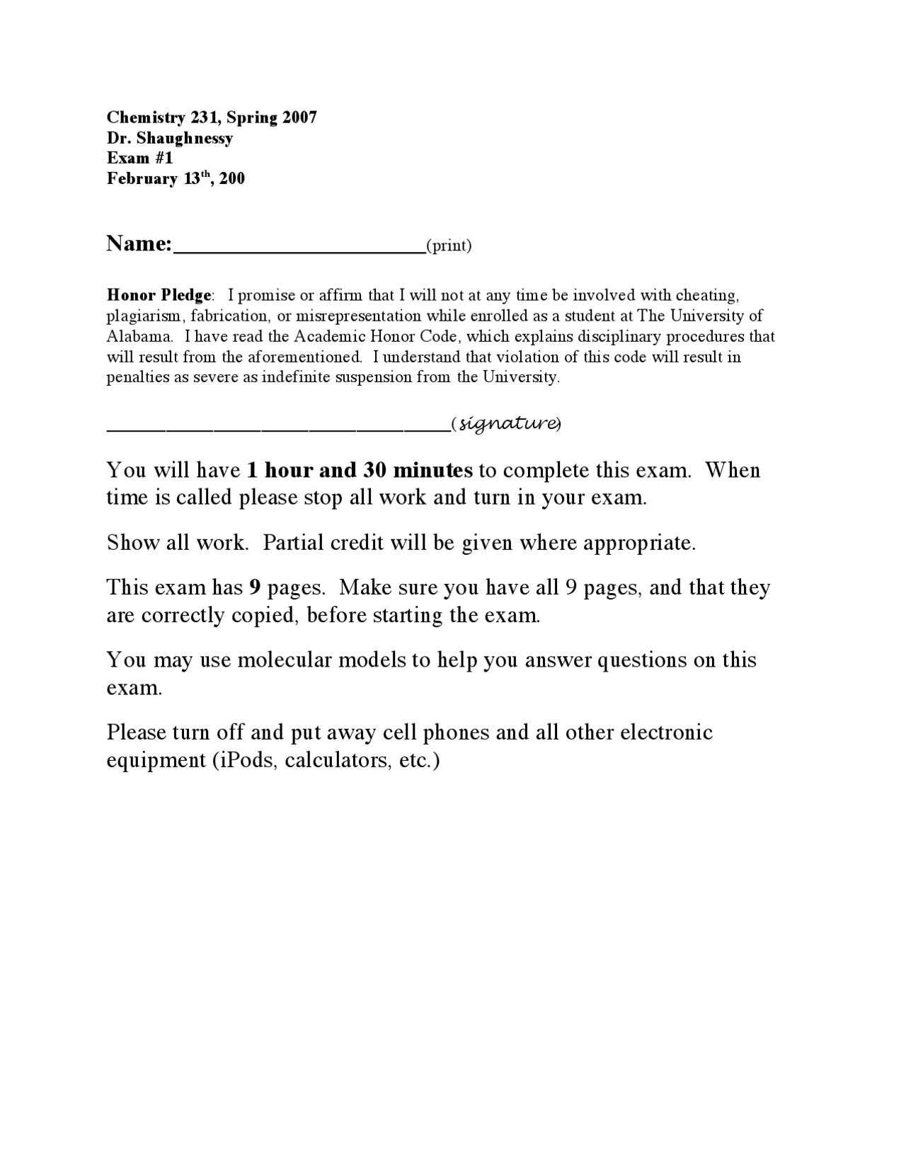 Practice Exam 1 Elementary Organic Chemistry I Ch 231 Docsity