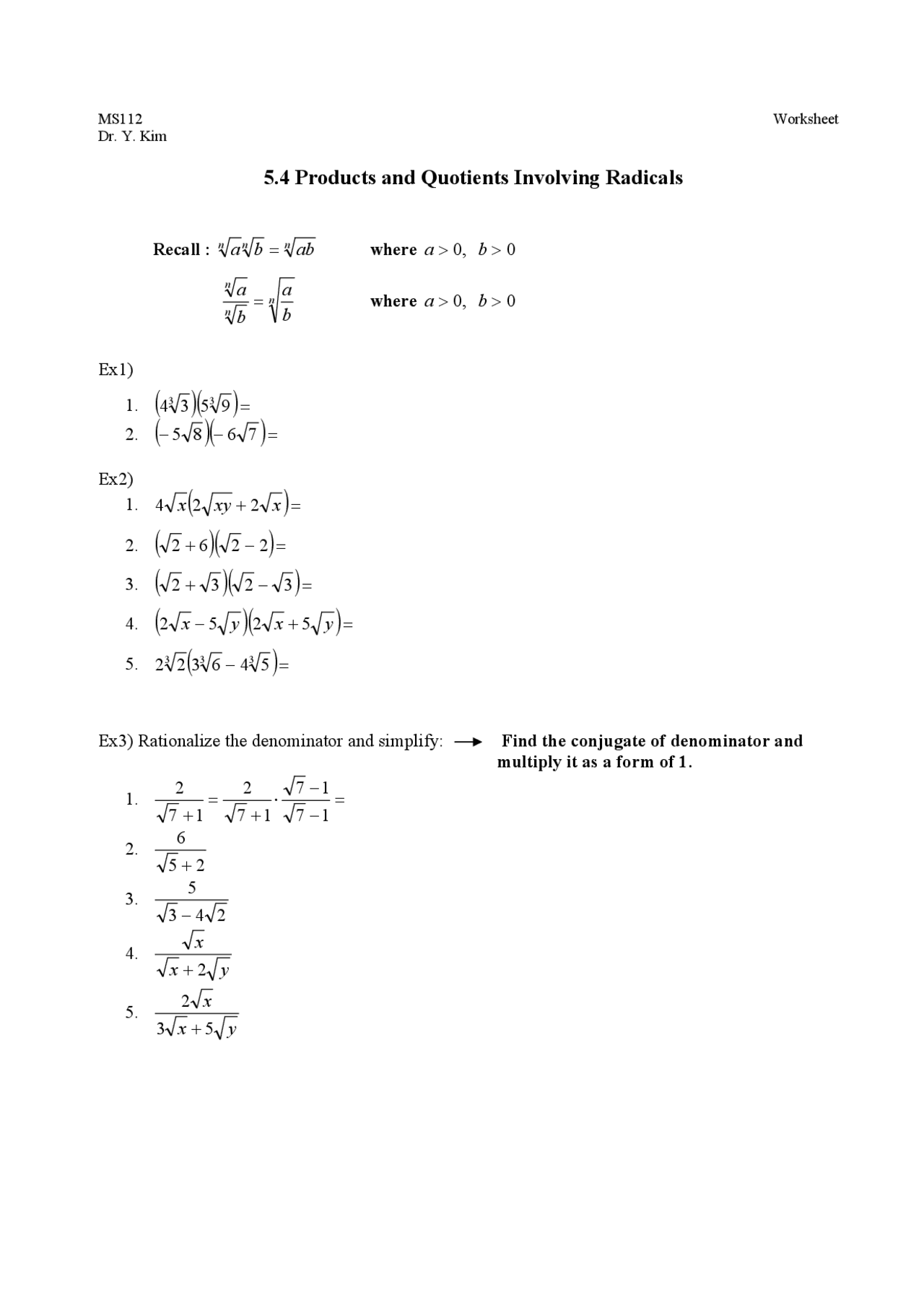 Products and Quotients Involving Radicals - Assignment 5 | MS 112 - Docsity