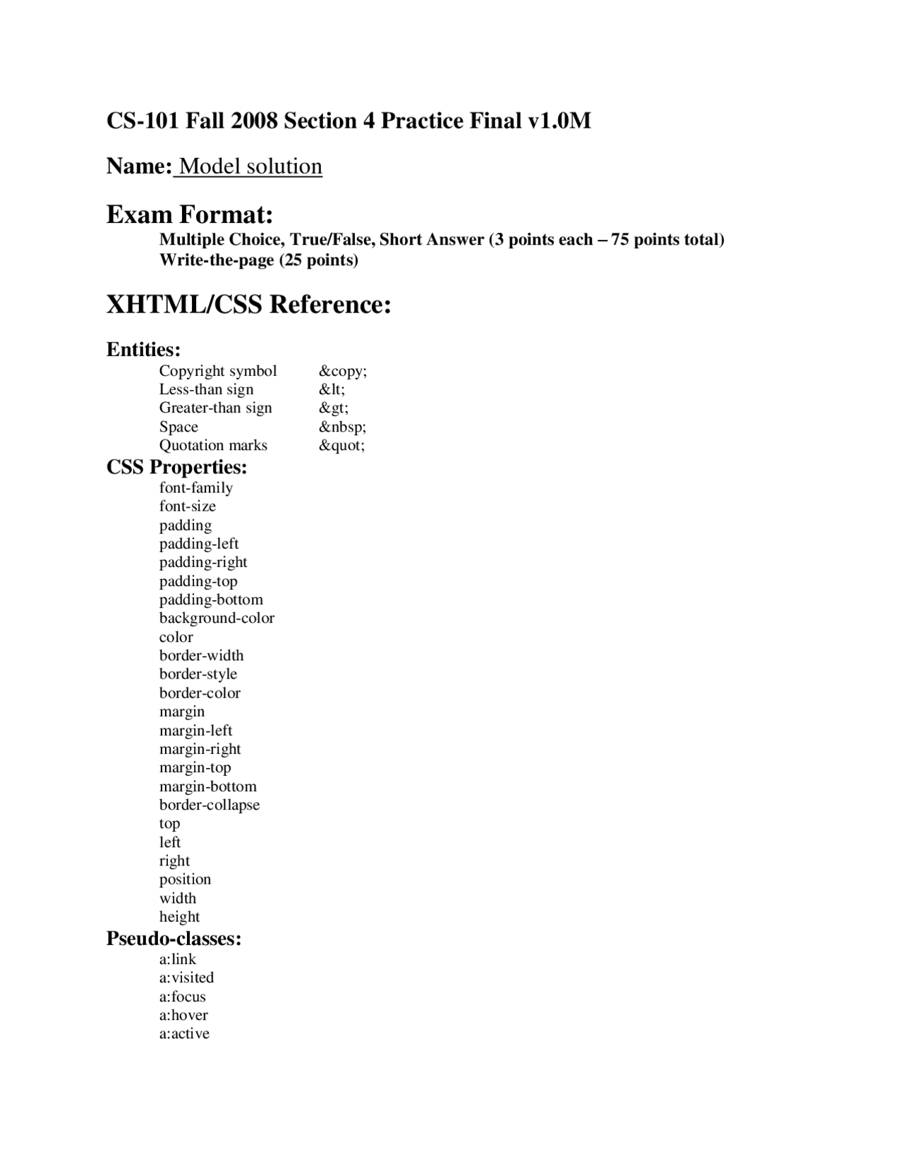 Final Exam With Solution Web Site Construction Cs 101 Docsity