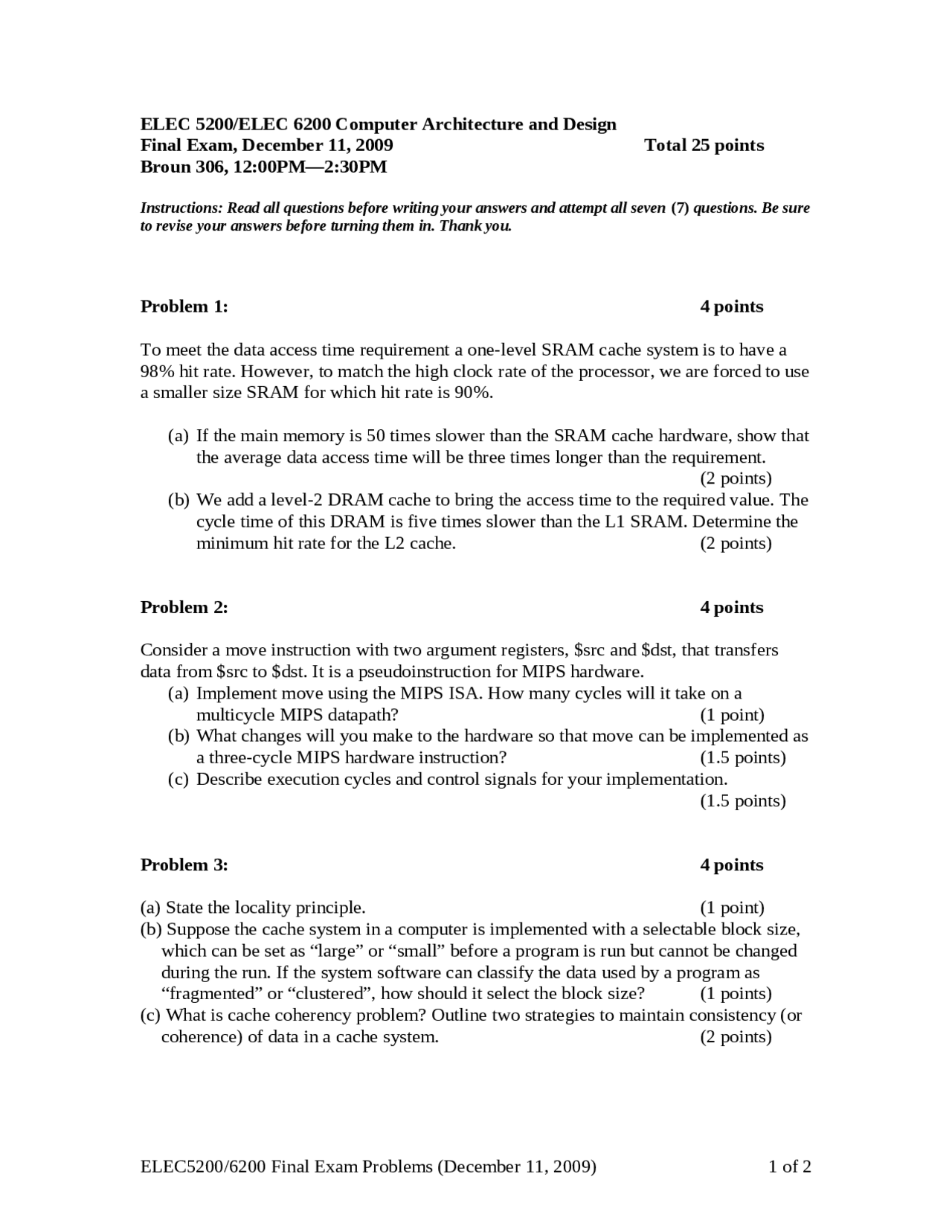 Computer Architecture And Design Old Exam 2009 Elec 5200 Docsity