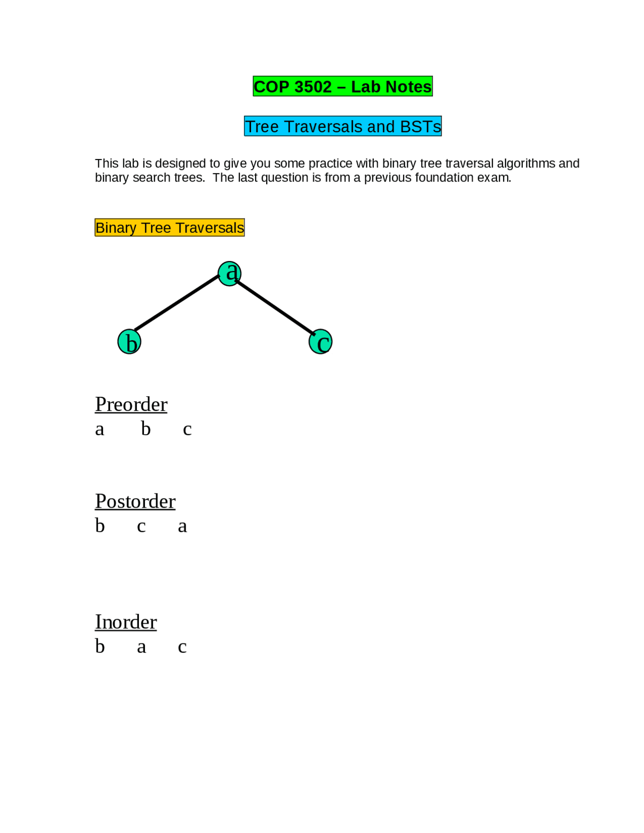 Tree Traversals and BSTs - Laboratory Notes | COP 3502 - Docsity