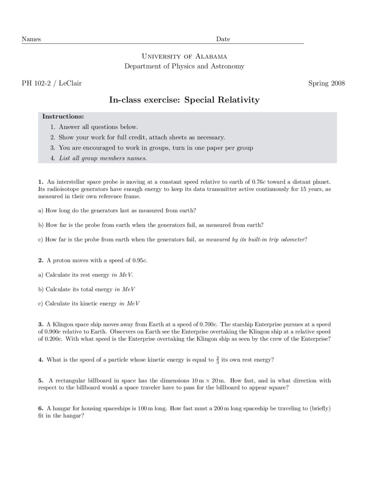 Special Relativity In Class Exercise On General Physics Ii Ph 102