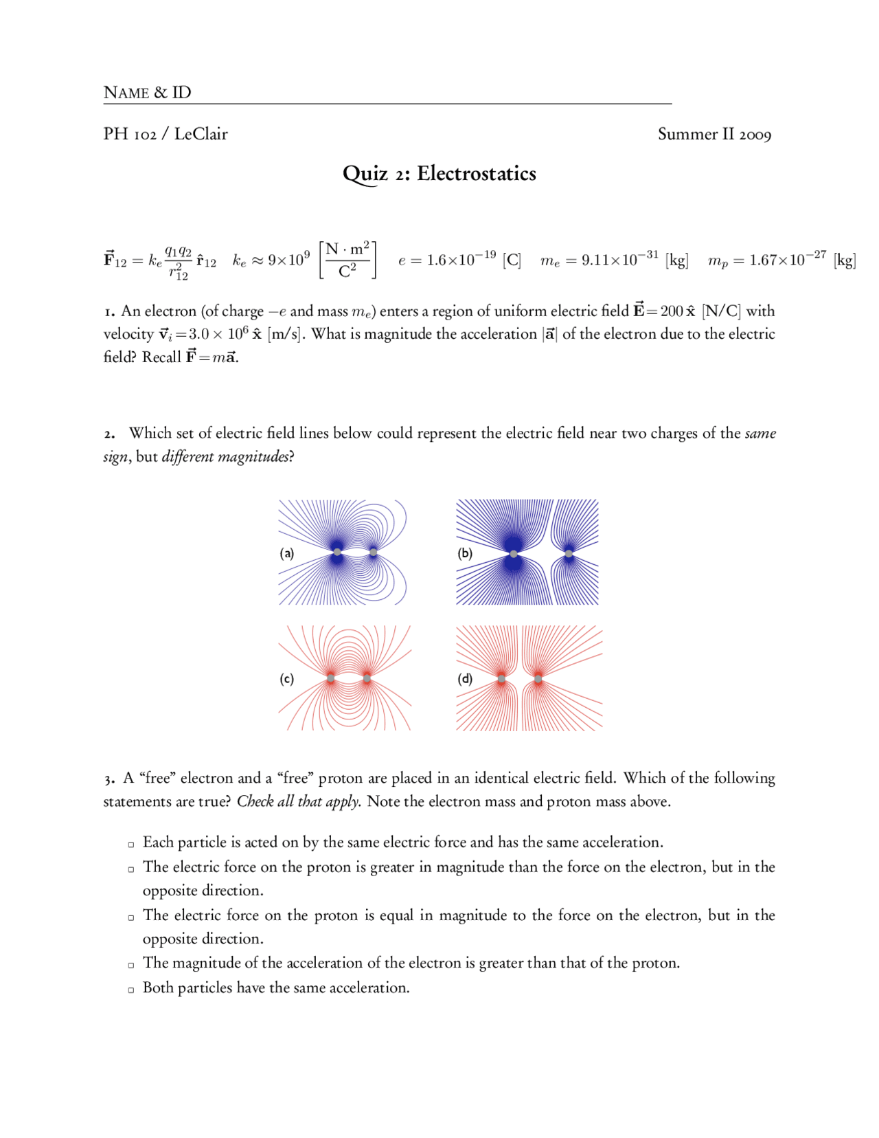 3 Questions on Electrostatics - General Physics II - Quiz 2 | PH 102 - Docsity