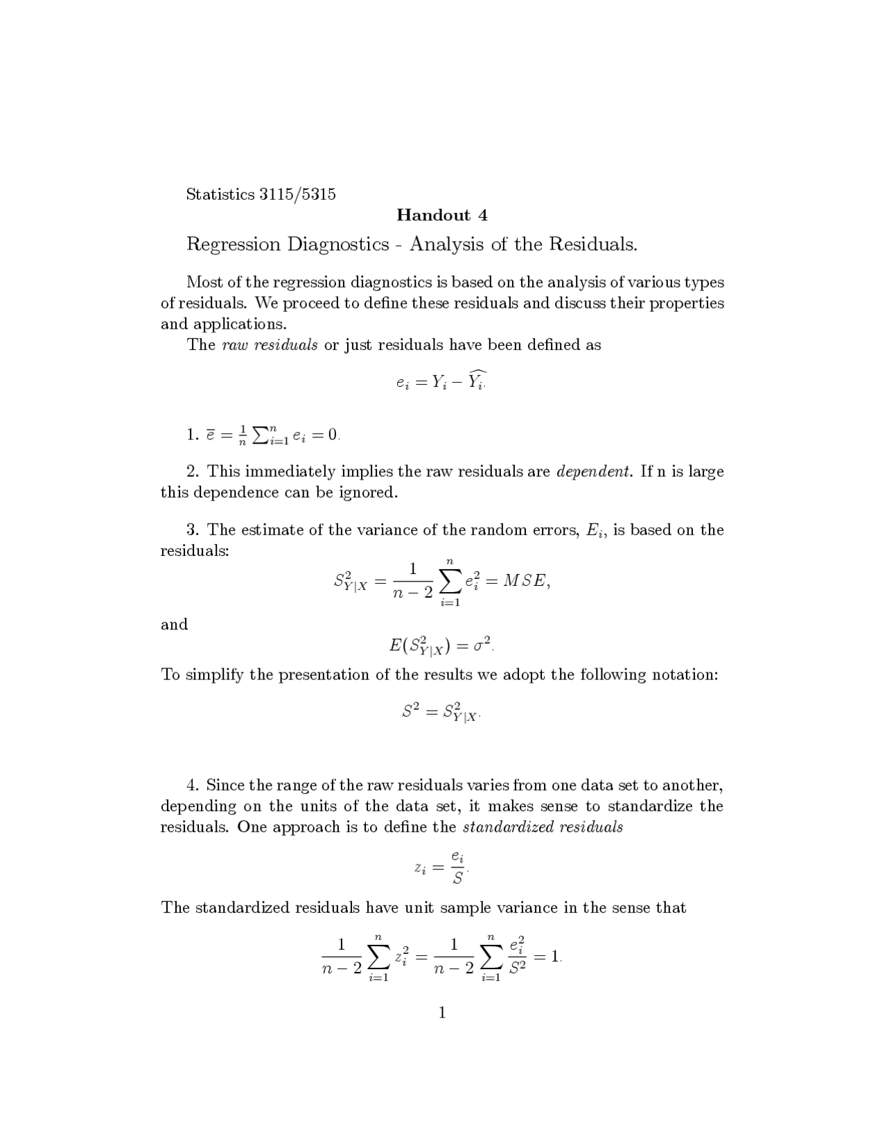 Regression Diagnostics Analysis Of Experiments Notes Stat 3115