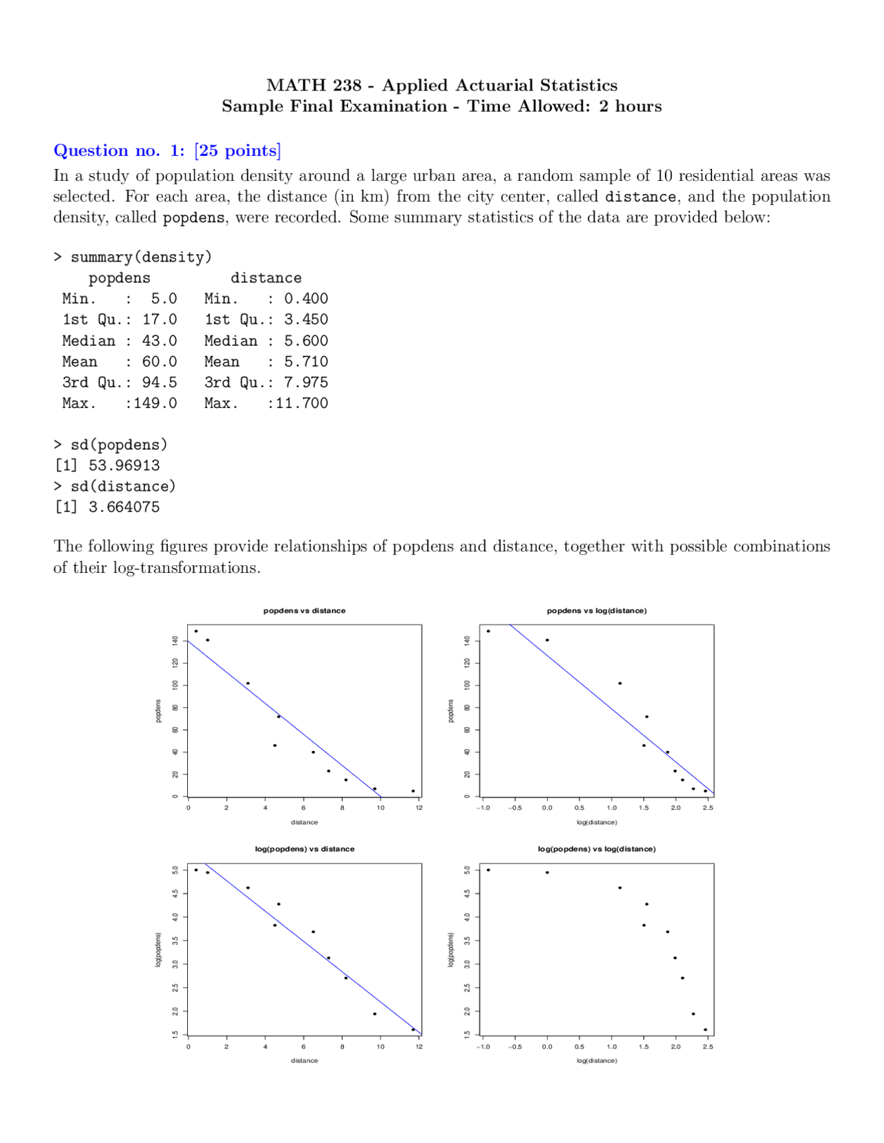 Applied Actuarial Statistics: Sample Final Examination - MATH 238 ...