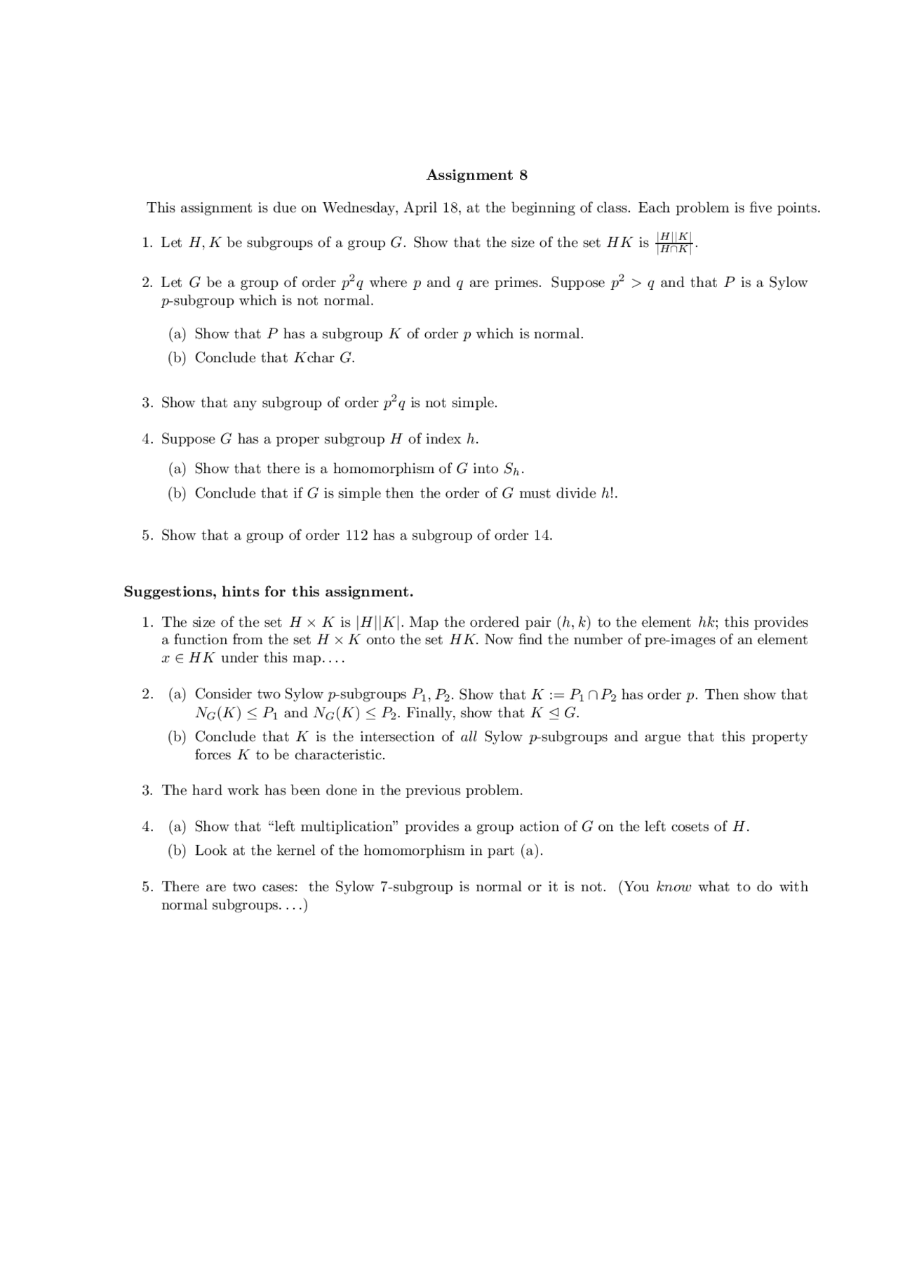 5 Questions For Assignment 8 Theory Of Groups Mth 623 Docsity