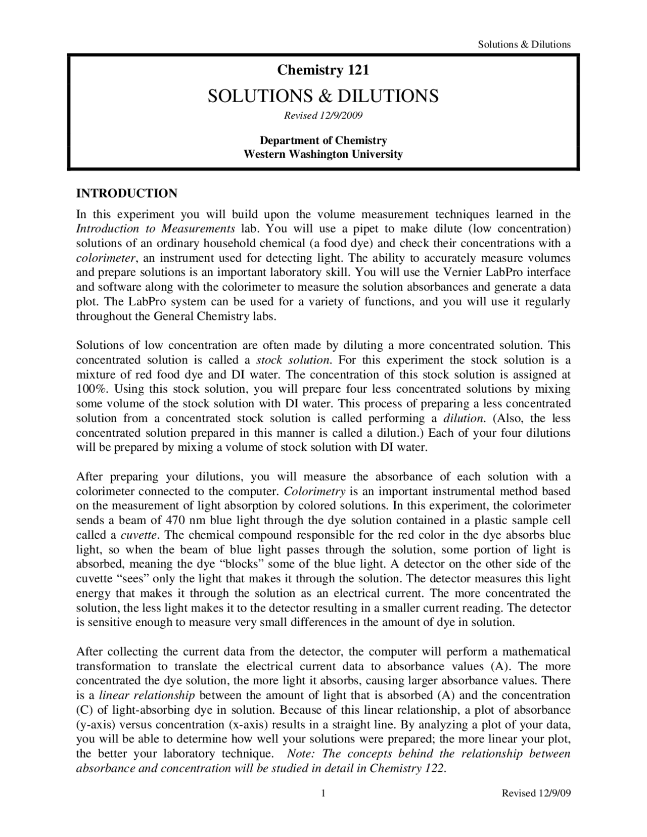 Lab: Solutions and Dilutions - General Chemistry I | CHEM 121 - Docsity