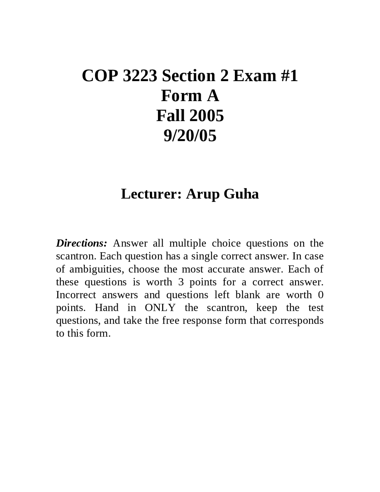 Exam 1 Form A | Introduction to Programming with C | COP 3223 - Docsity