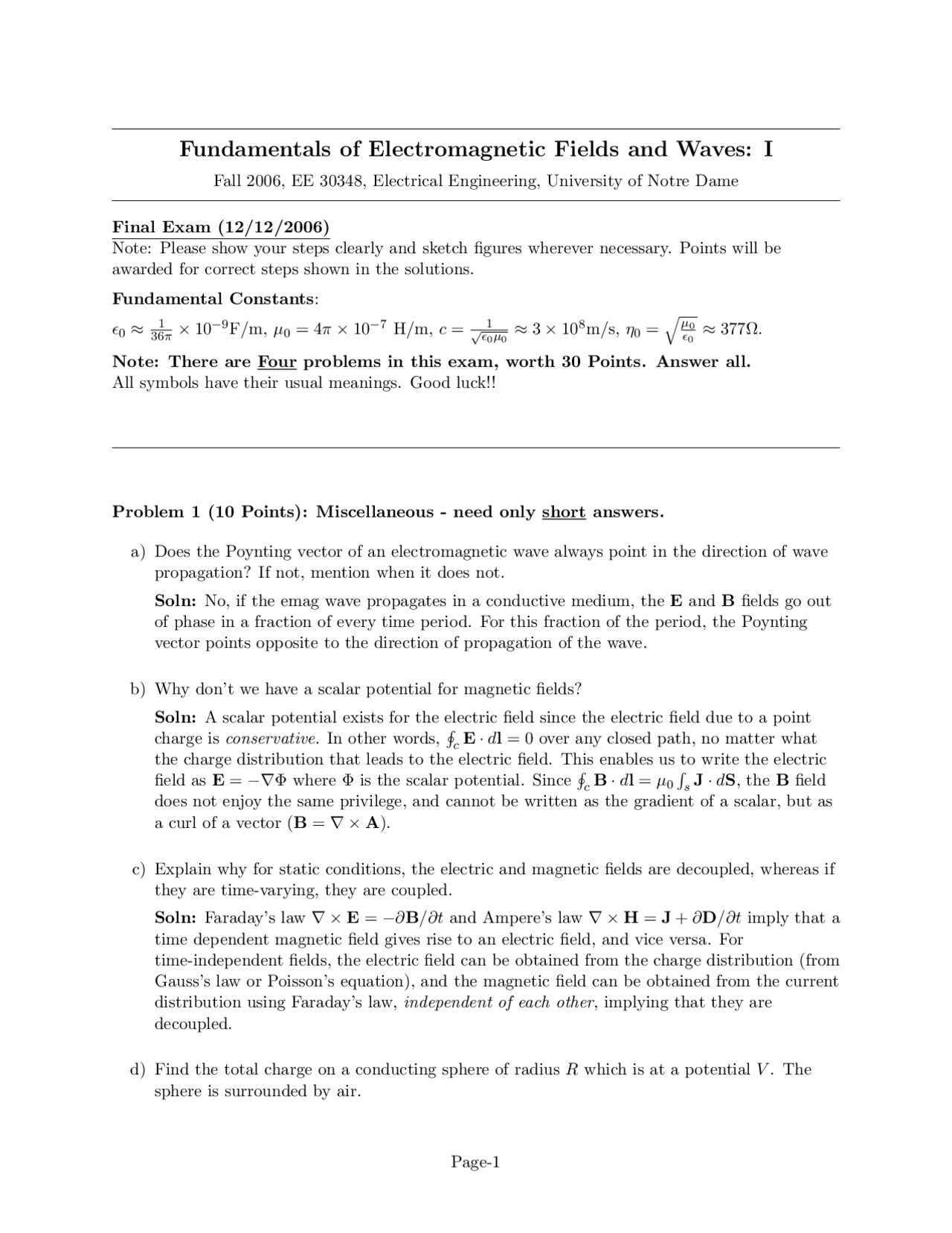Final Exam - Electromagnetic Fields and Waves I: Fundamentals | EE 30348 | Exams Electrical and ...