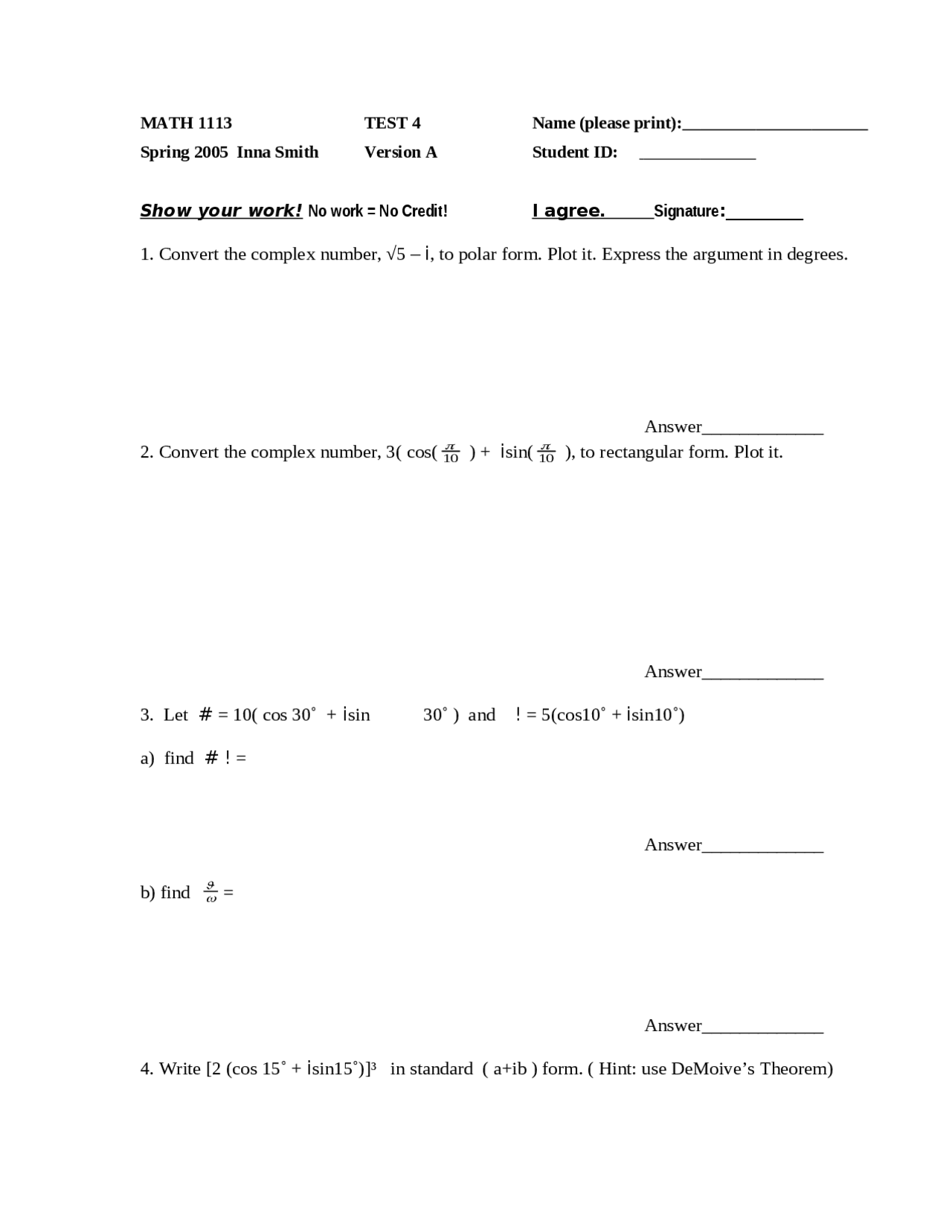 Test 4 Version A For Pre Calculus Math 1113 Docsity