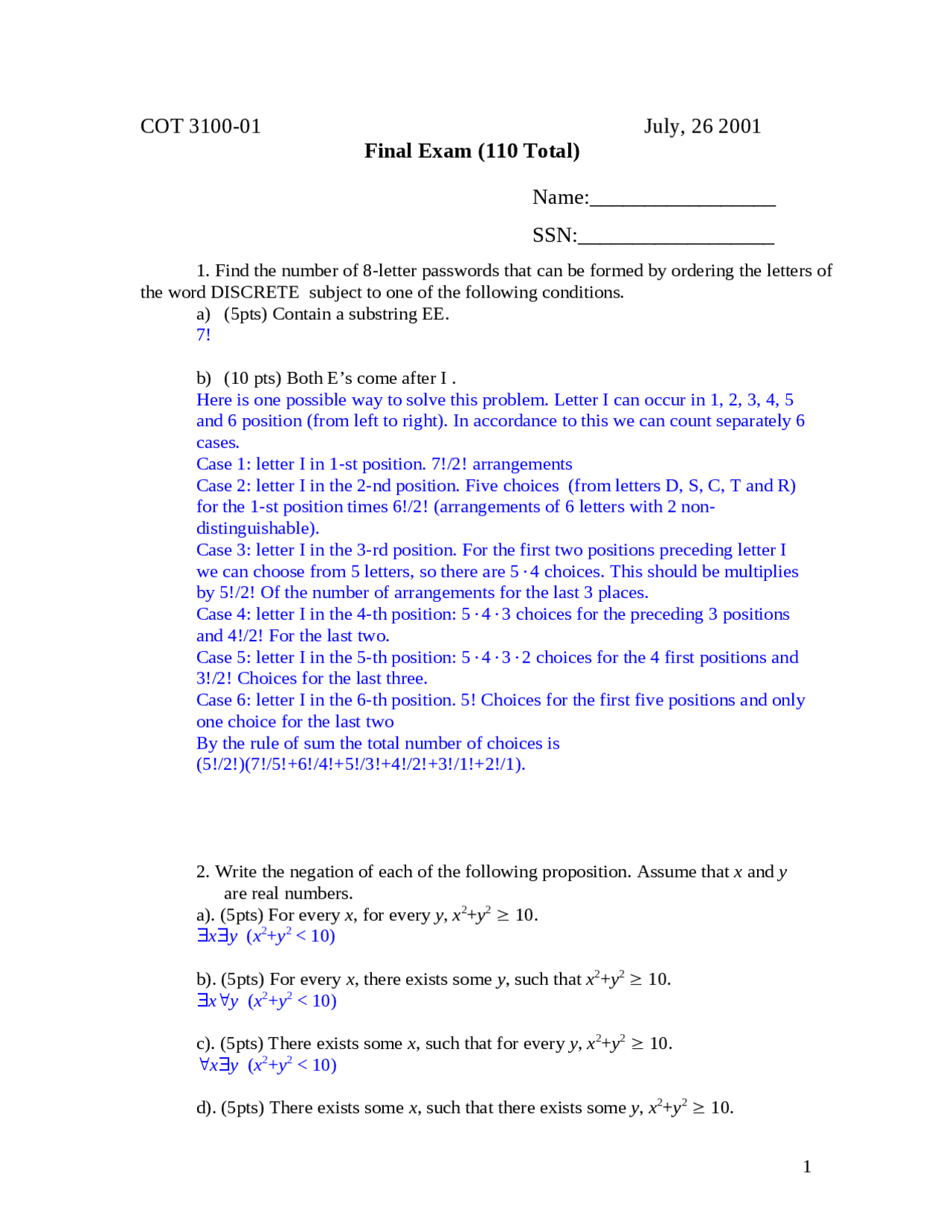 Solved 8 Questions Of Introduction To Discrete Structures Final Exam Cot 3100 Docsity