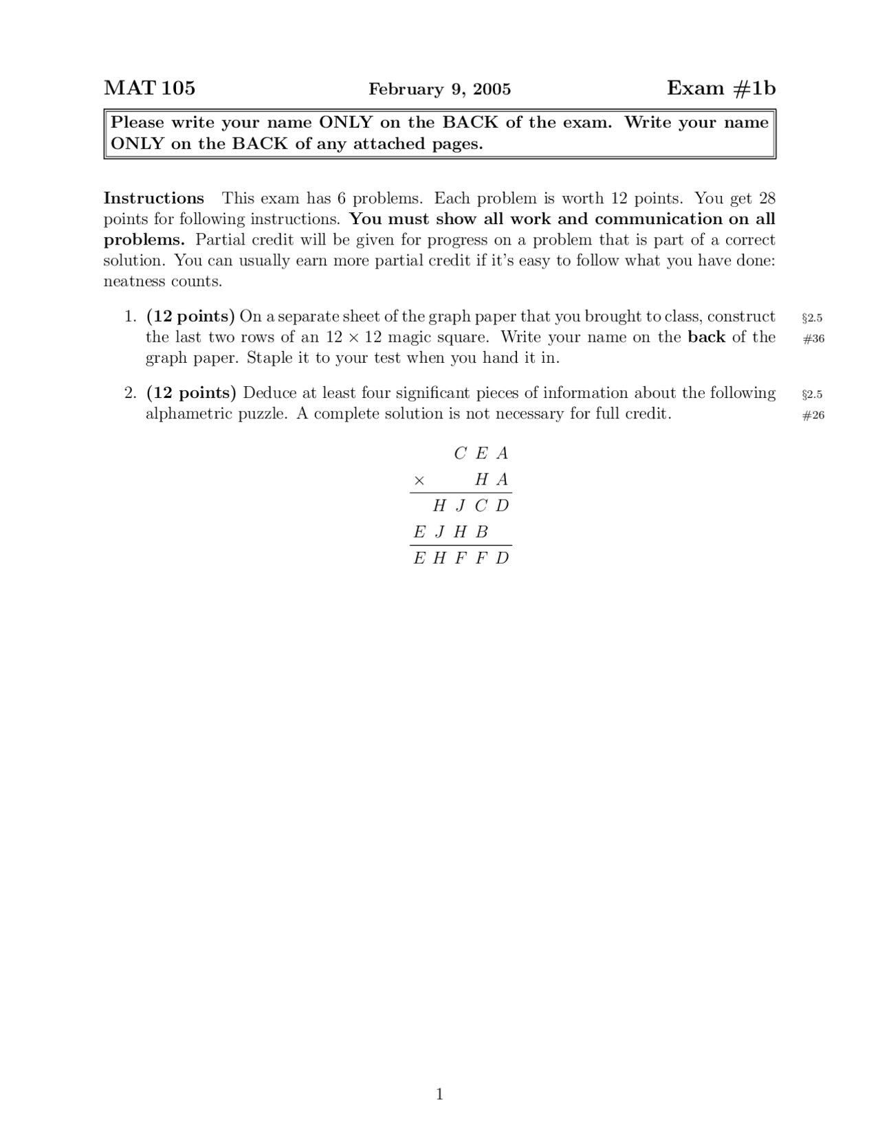 6 Problems Exam 1 Mathematics With Applications Mat 105 Docsity