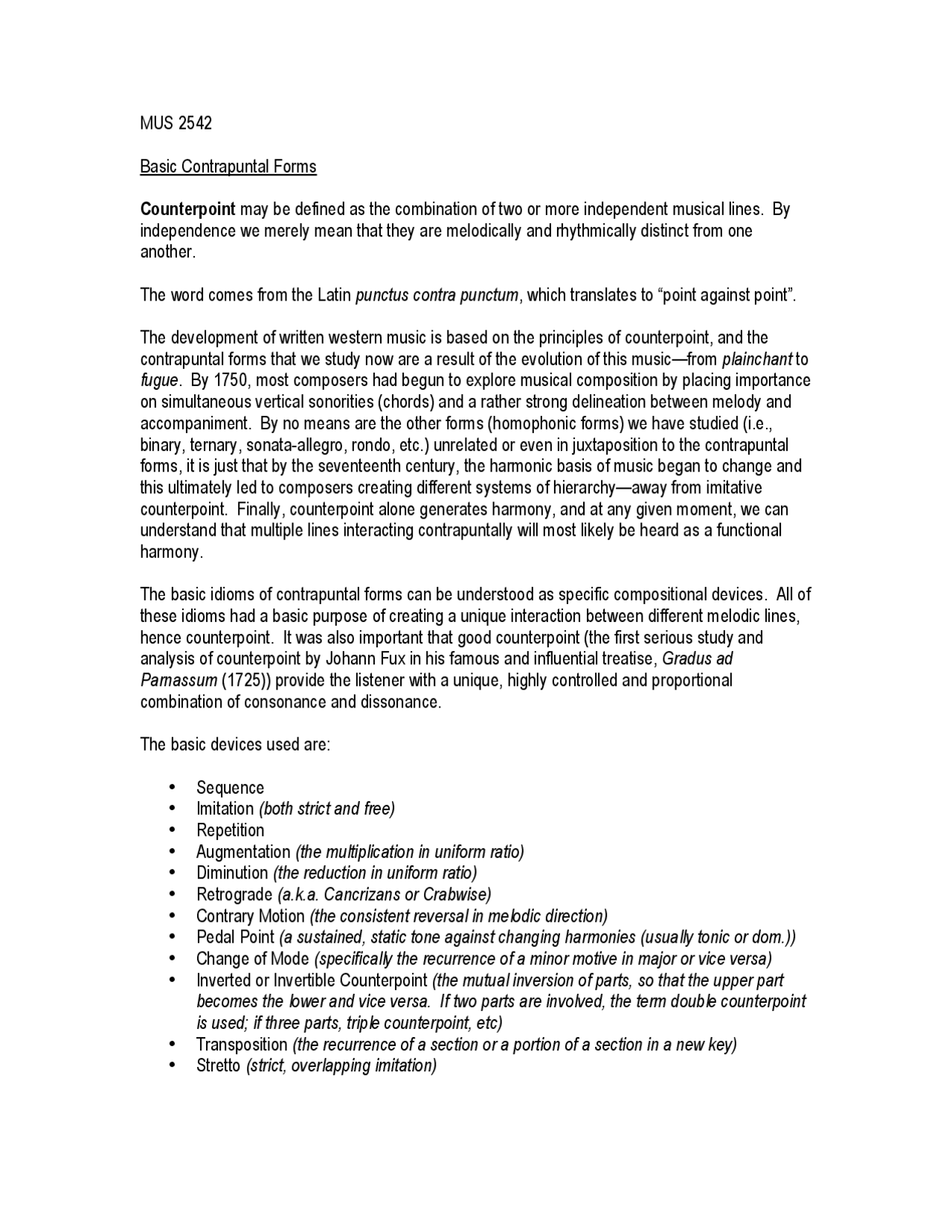 Basic Contrapuntal Forms - Music Theory IV | MUS 2542 - Docsity