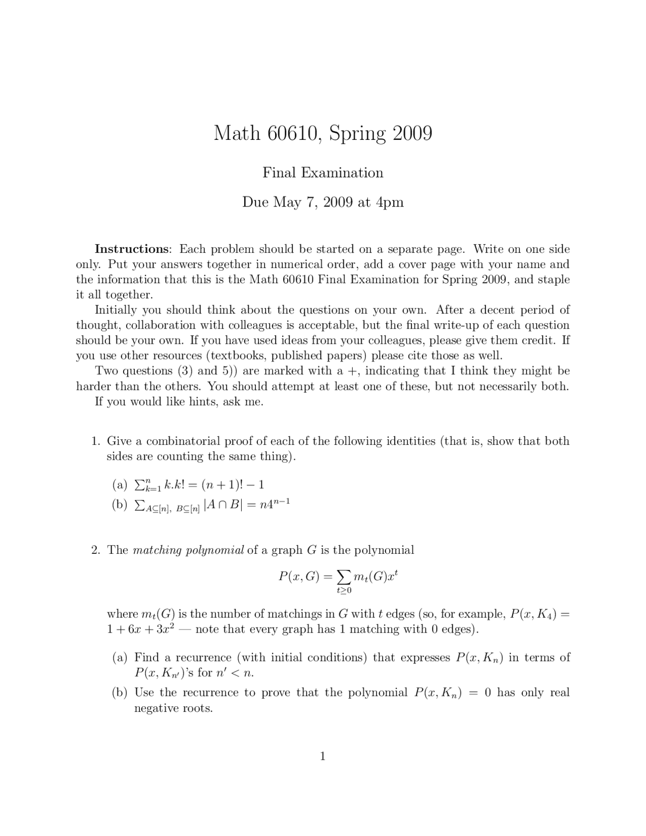 5 Problems For Final Examination Discrete Mathematics Math 60610