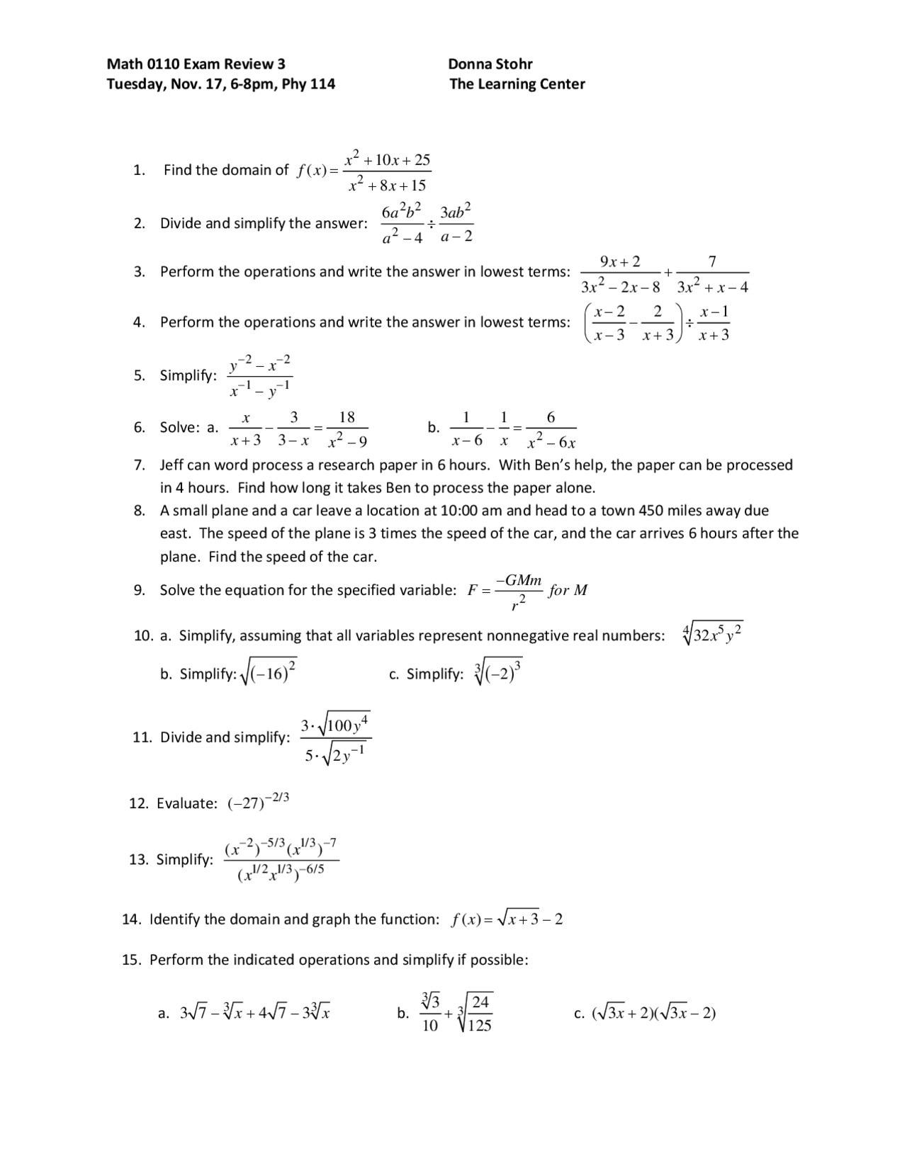 Exam 3 Review Questions Intermediate Algebra Math 0110 Docsity