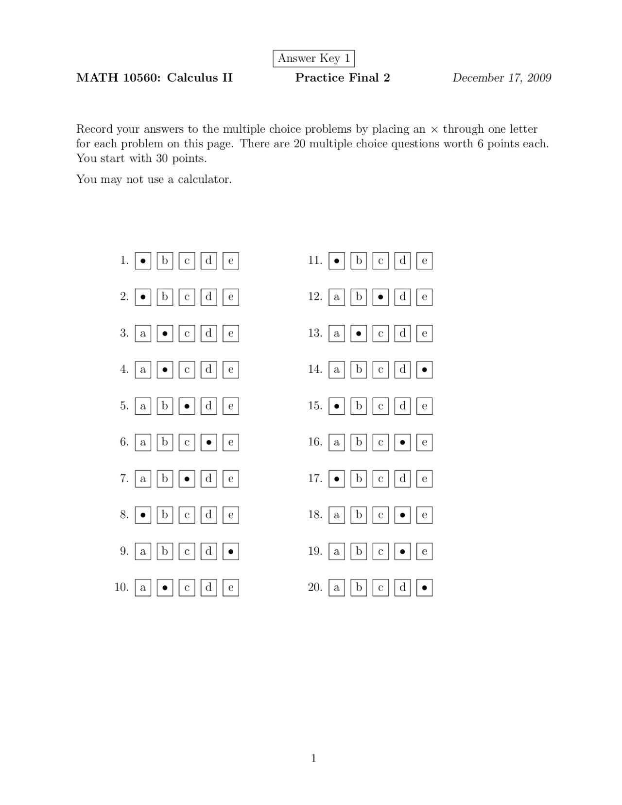 Practice Final Examination 2 With Answer Key Calculus Ii Math 10560