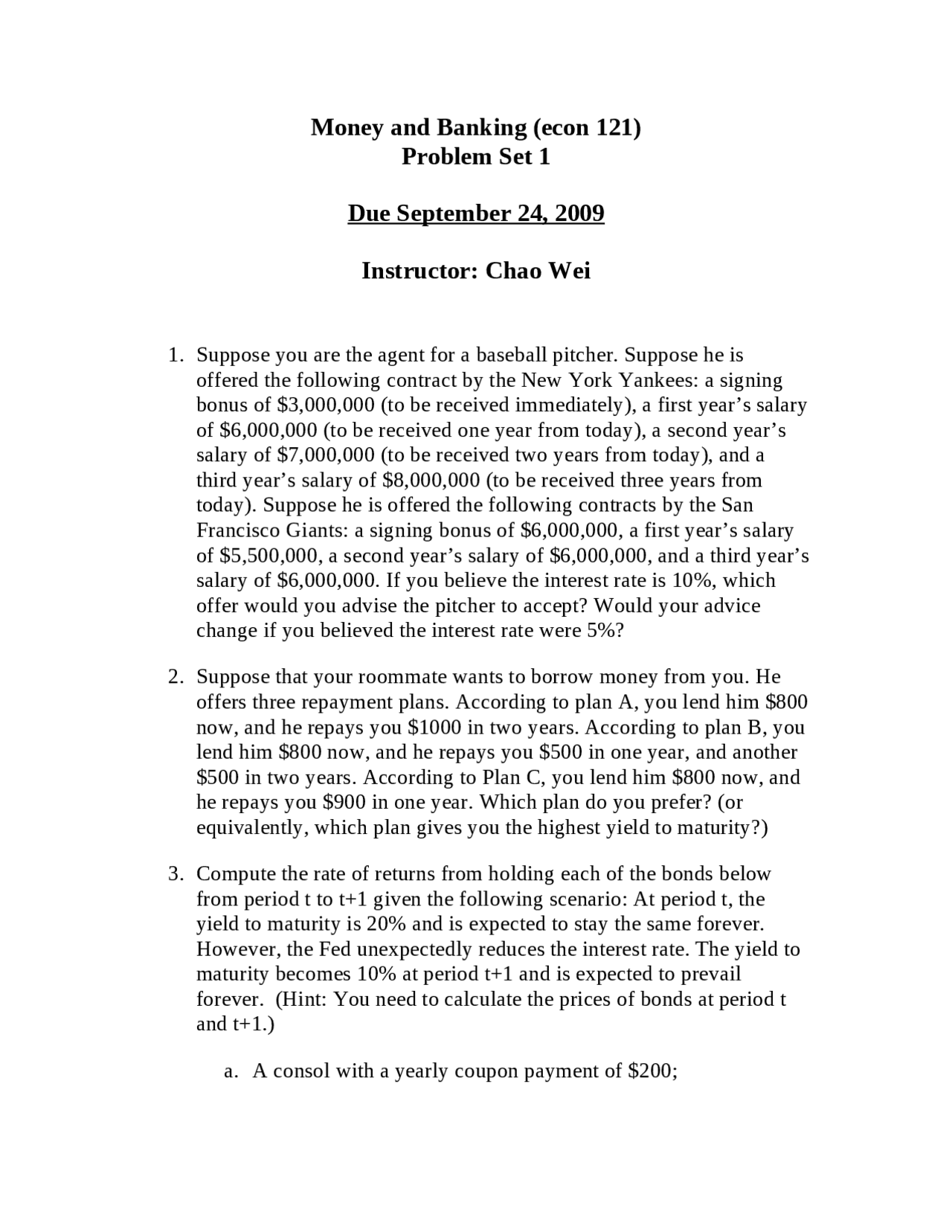 4 Problems On Money And Banking Assignment 1 Econ 121 Docsity