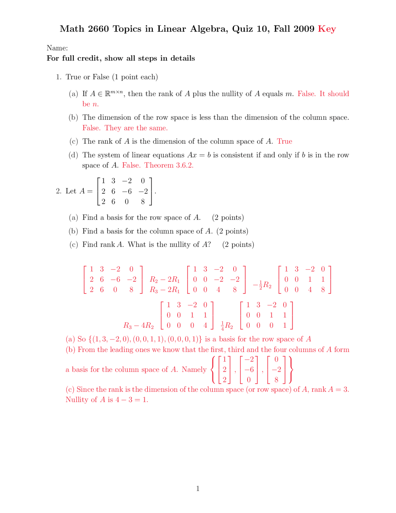 Quiz # 10 Questions with Answer Key - Topics in Linear Algebra | MATH ...