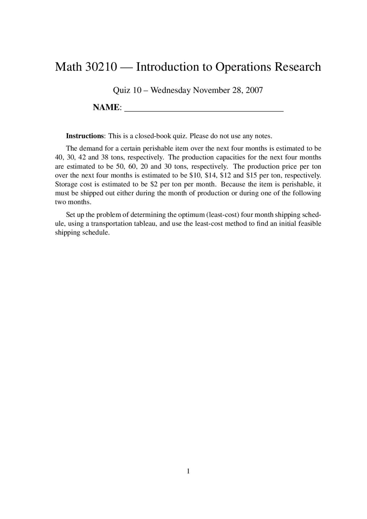 Introduction To Operations Research Quiz 10 Math 30210 Docsity