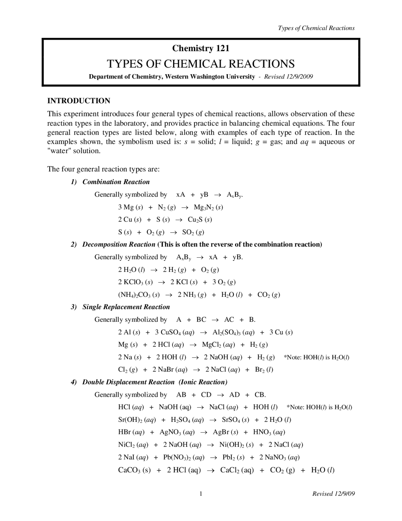 Types of Chemical Reactions - Lecture Notes | CHEM 121 - Docsity