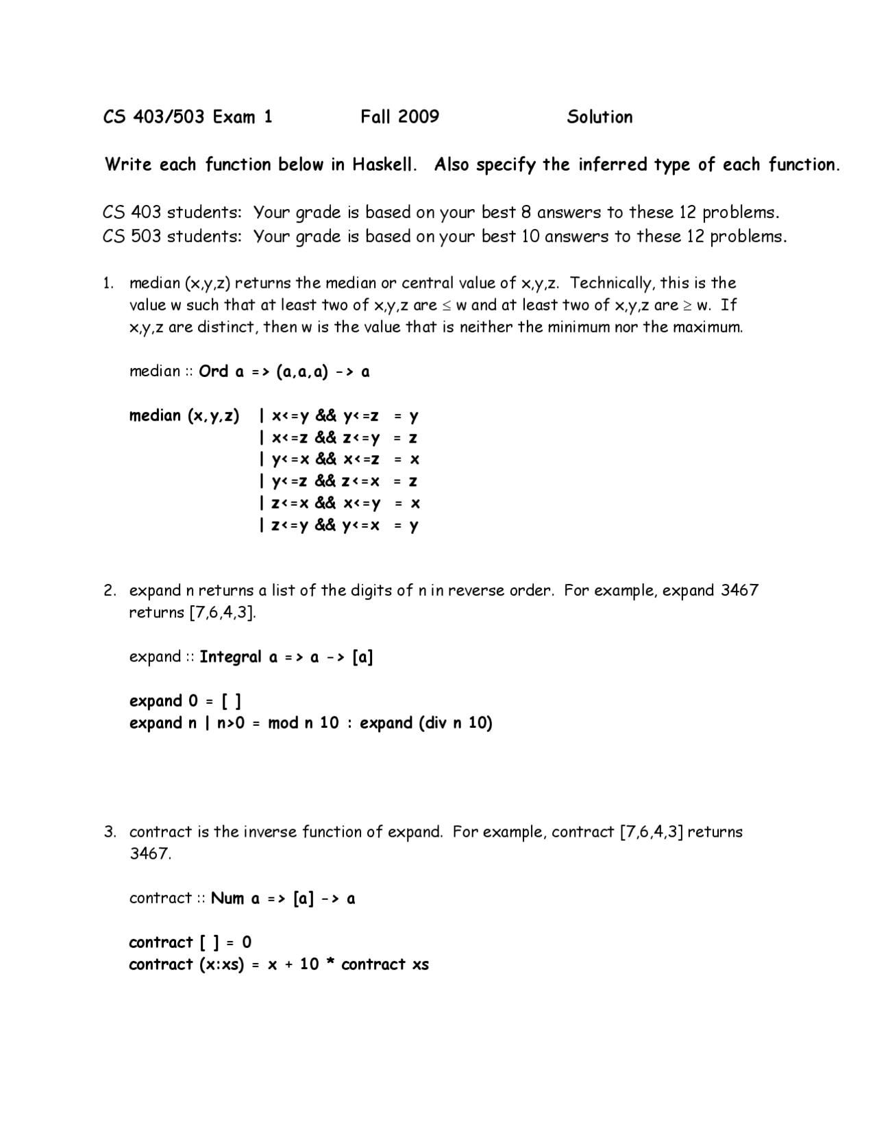 12 Questions With Solutions In Exam 1 Programming Languages Cs 503