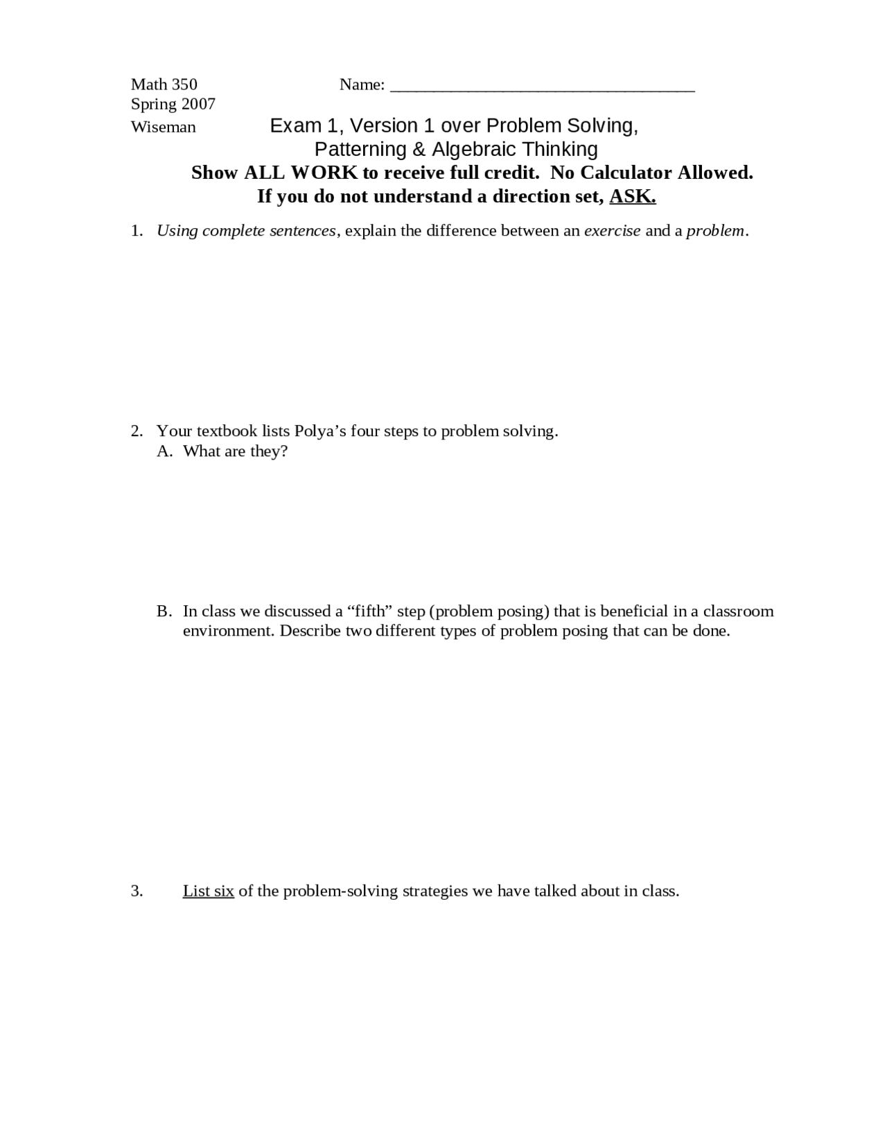 Unsolved Problems Exam 1 Topics In Mathematics Elementary Technology I Math 350 Docsity