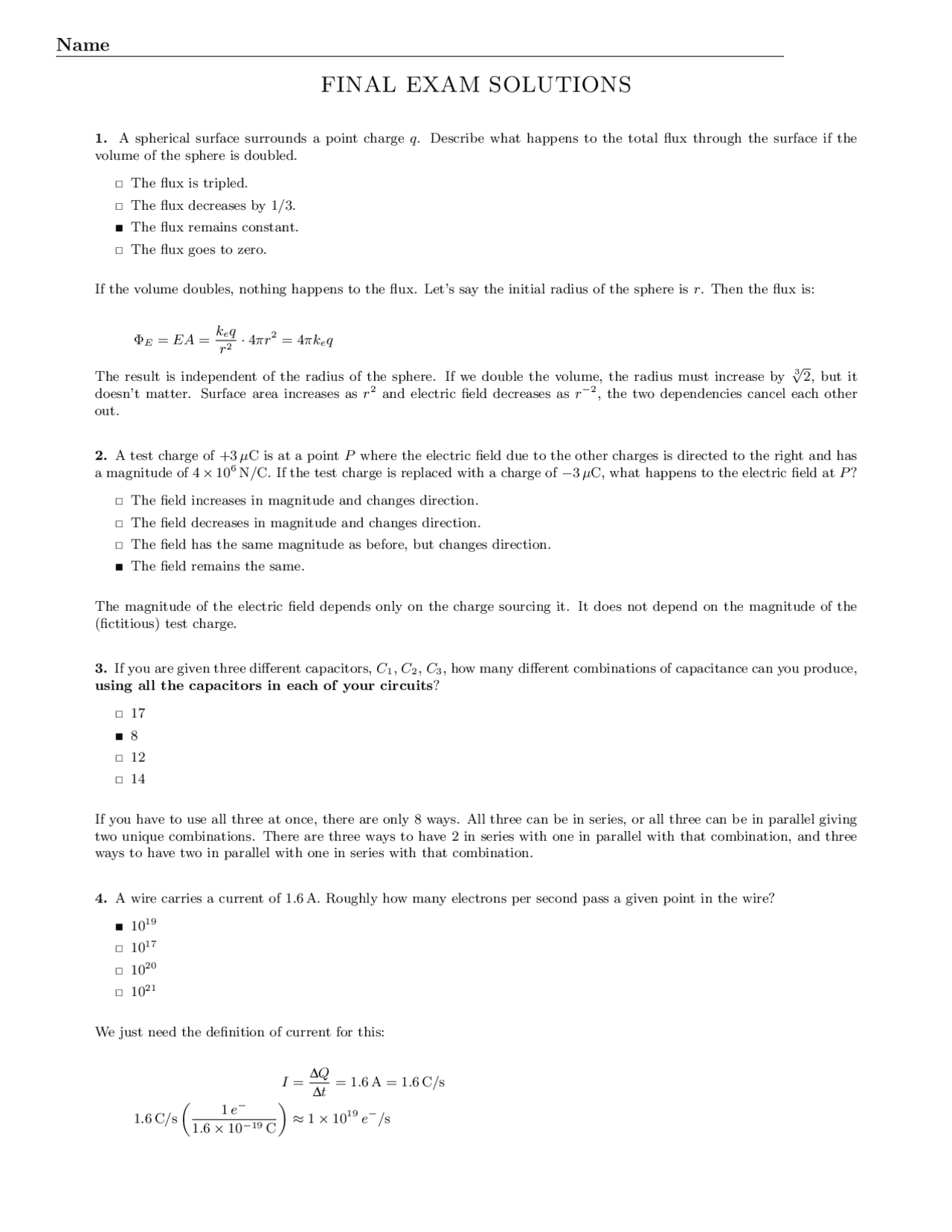 18 Questions With Solutions In Final Exam General Physics Ii Ph 102