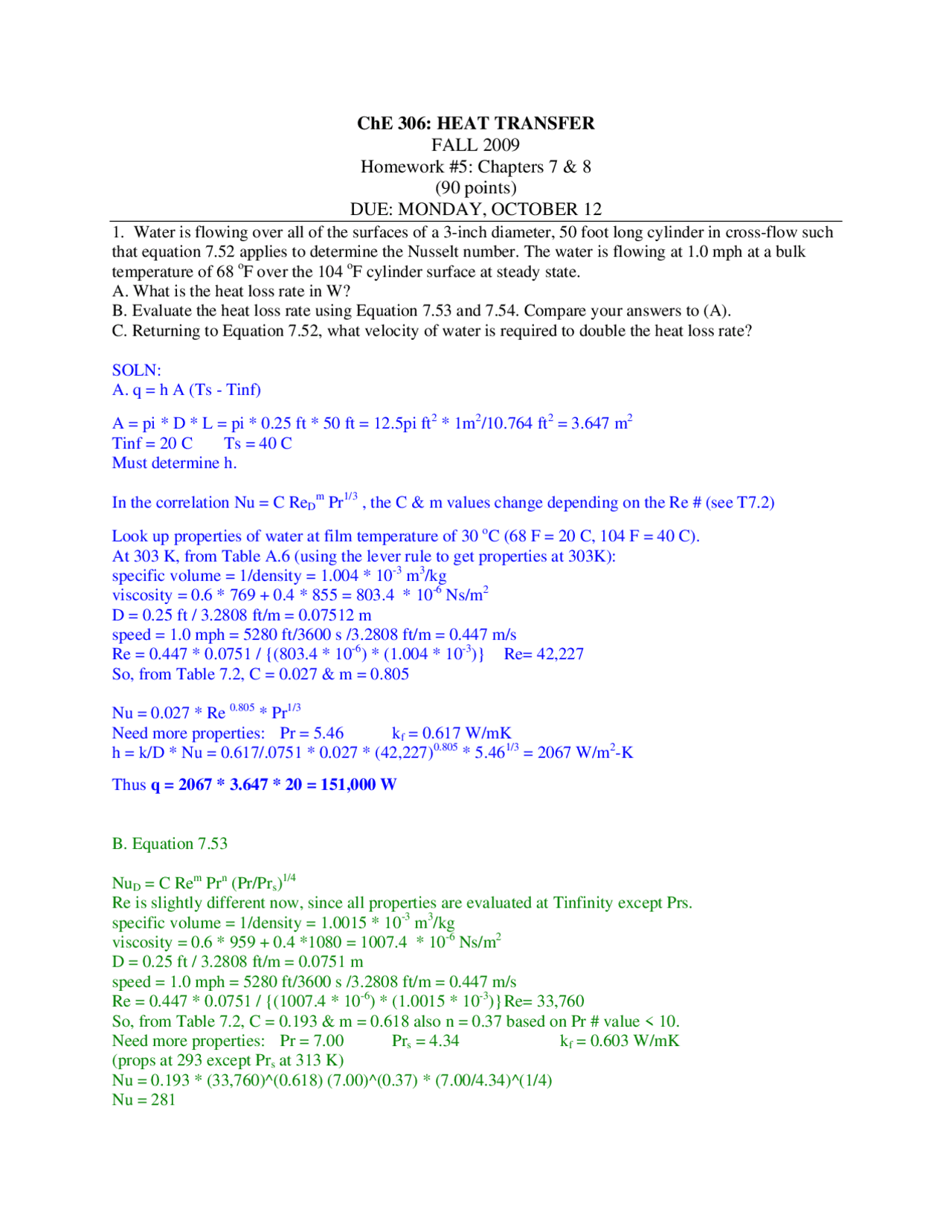 9 Solved Problems On Heat Transfer Operations Assignment 5 Che 306