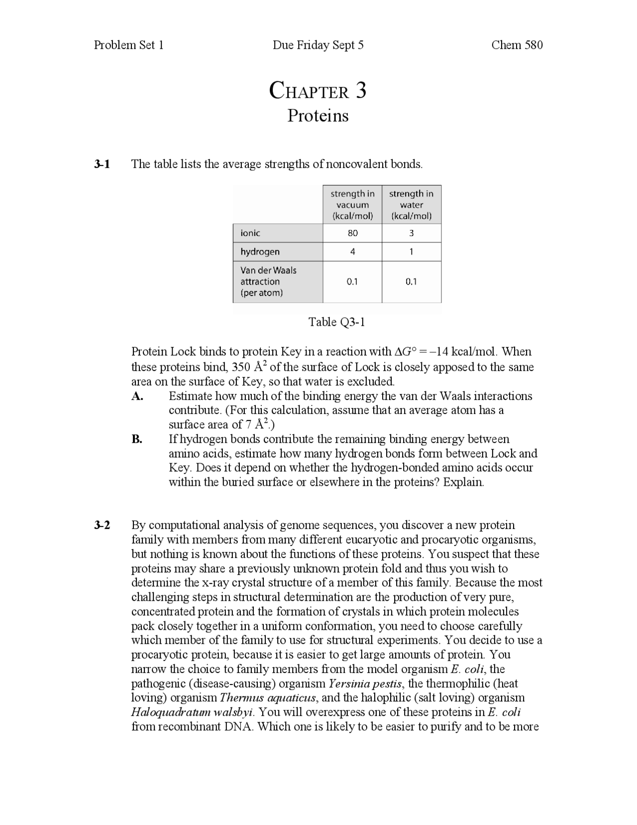 Proteins - Molecular Biochemistry I - Problem Set I | Chem 580 - Docsity