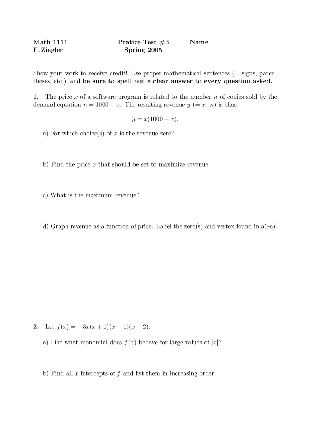 Practice Test 3 for College Algebra-Hybrid | MATH 1111 | Exams Algebra ...