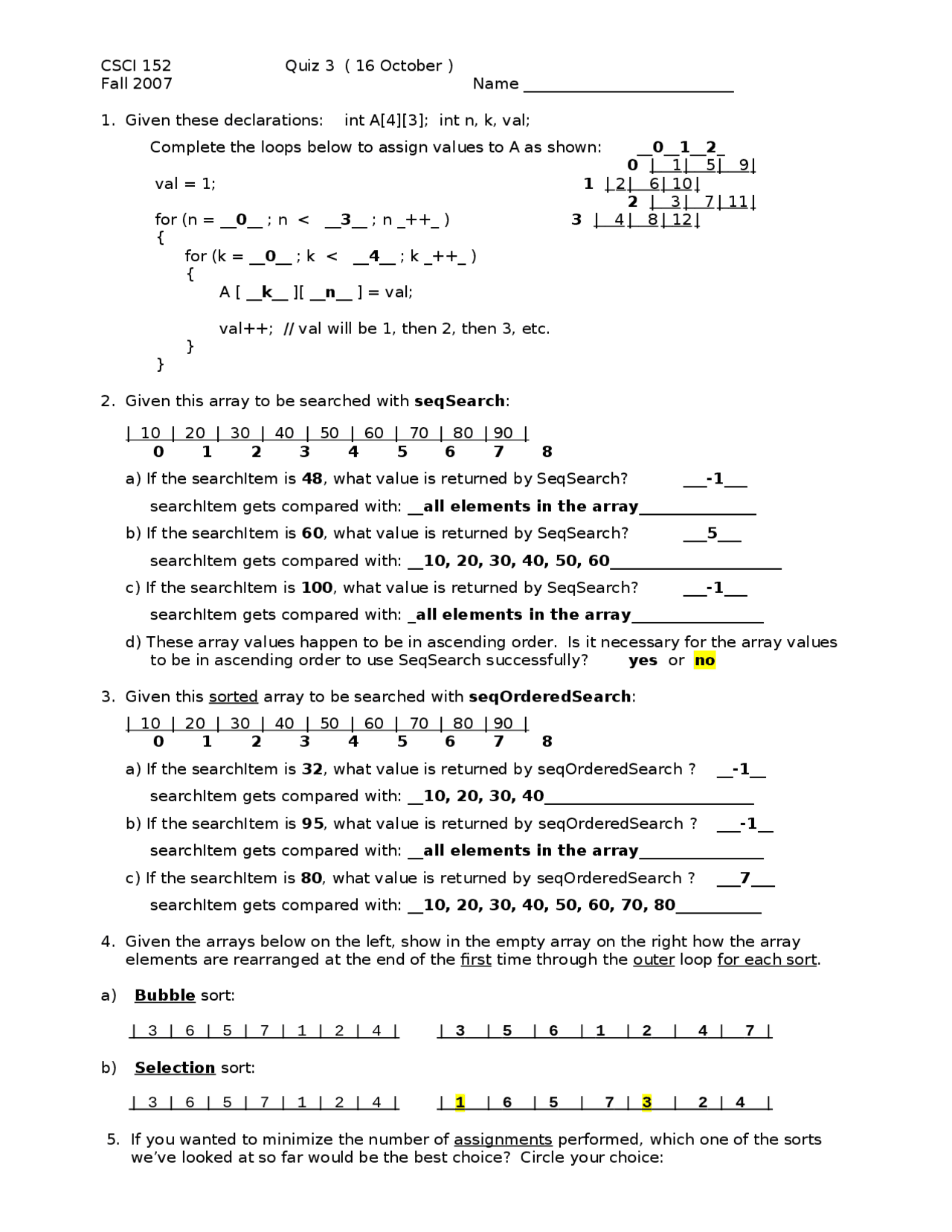 7 Questions For Quiz 3 Programming Fundamentals Ii Csci 152 Docsity