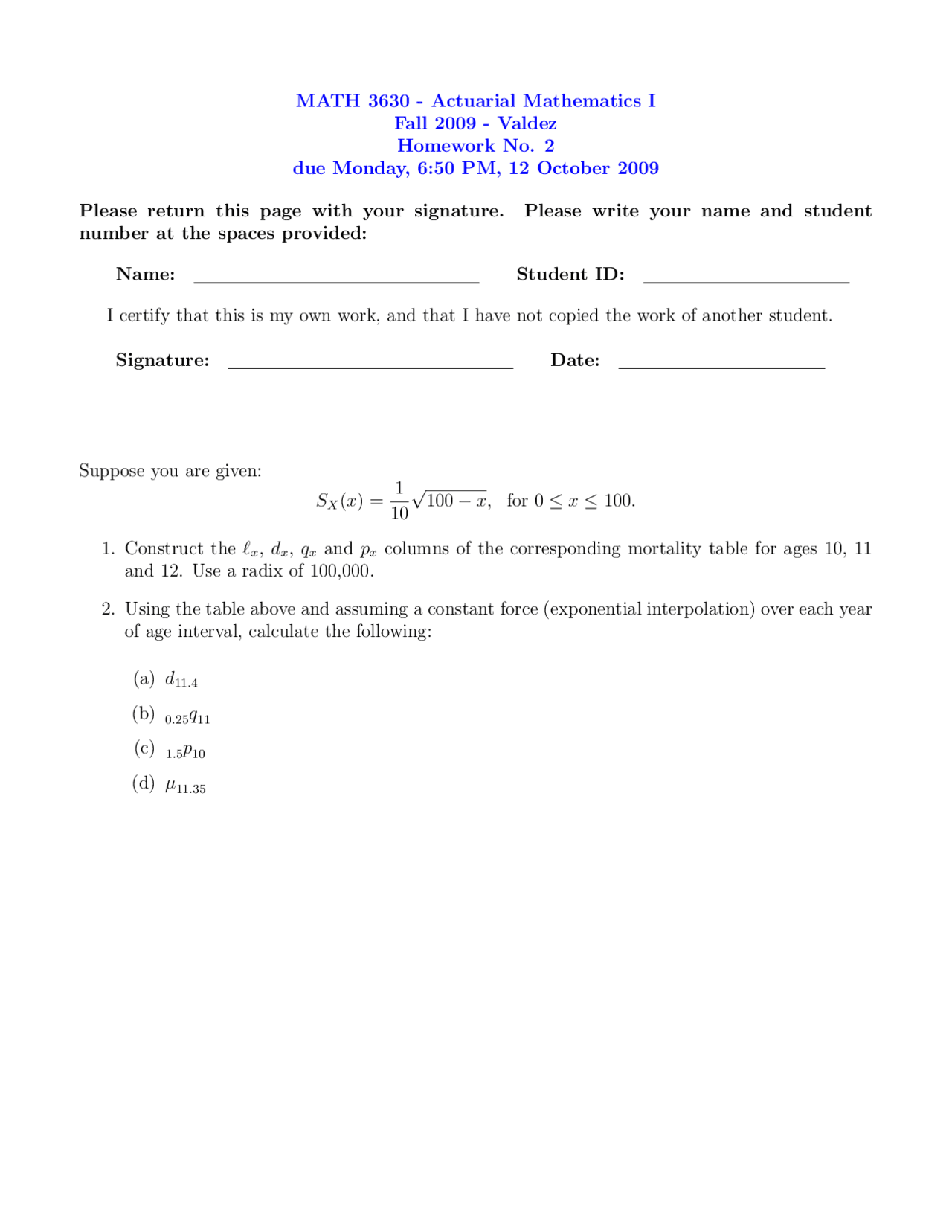Sample Homework #2 - Actuarial Mathematics I | MATH 3630 - Docsity