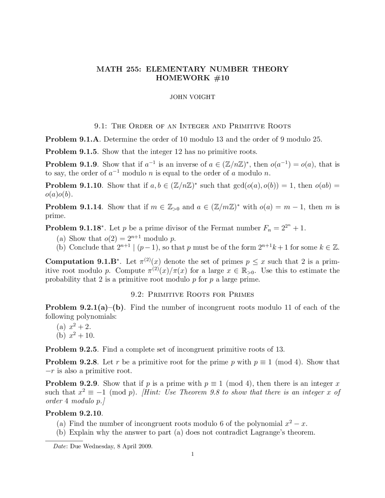The Order of an Integer and Primitive Roots - Elementary Number Theory ...