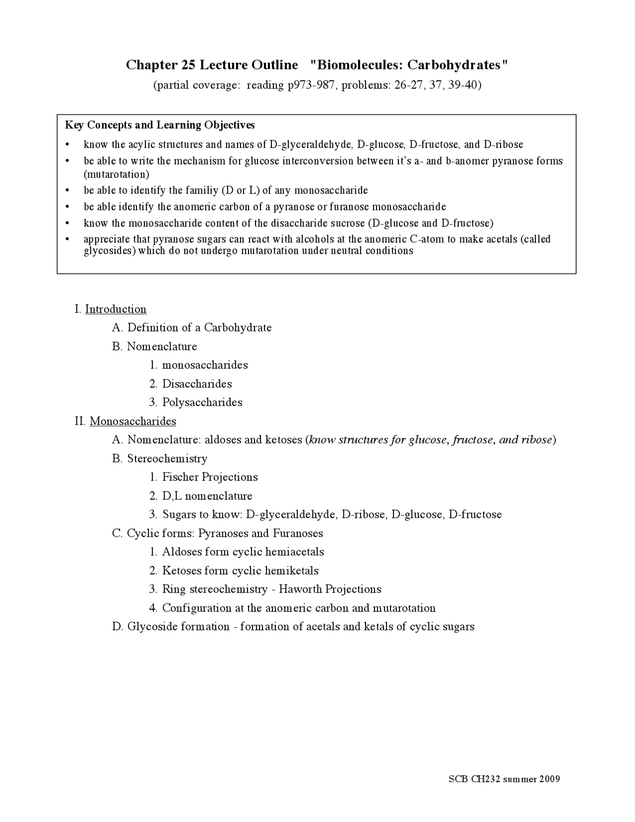 Lecture Outline For Carbohydrates Ch 232 Docsity