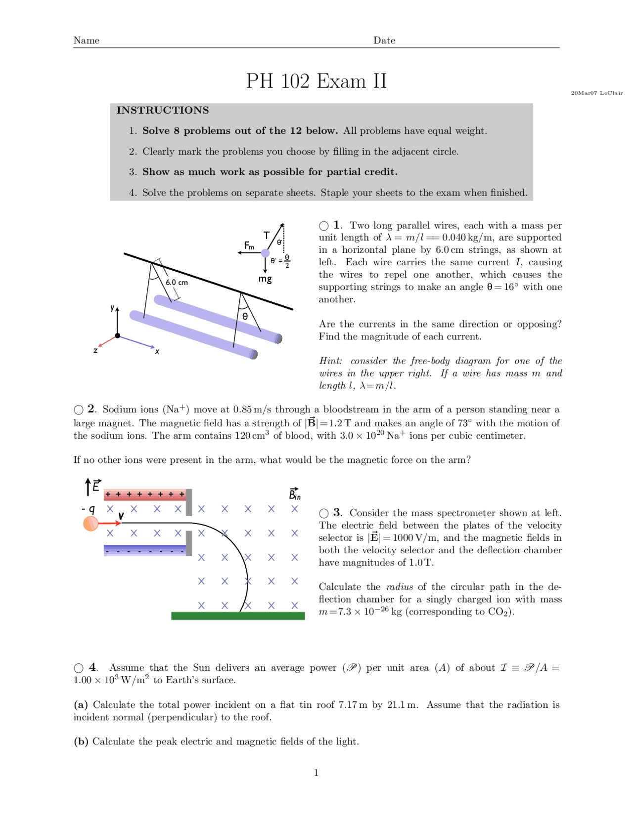 Exam I Questions For General Physics Ii Ph 102 Docsity