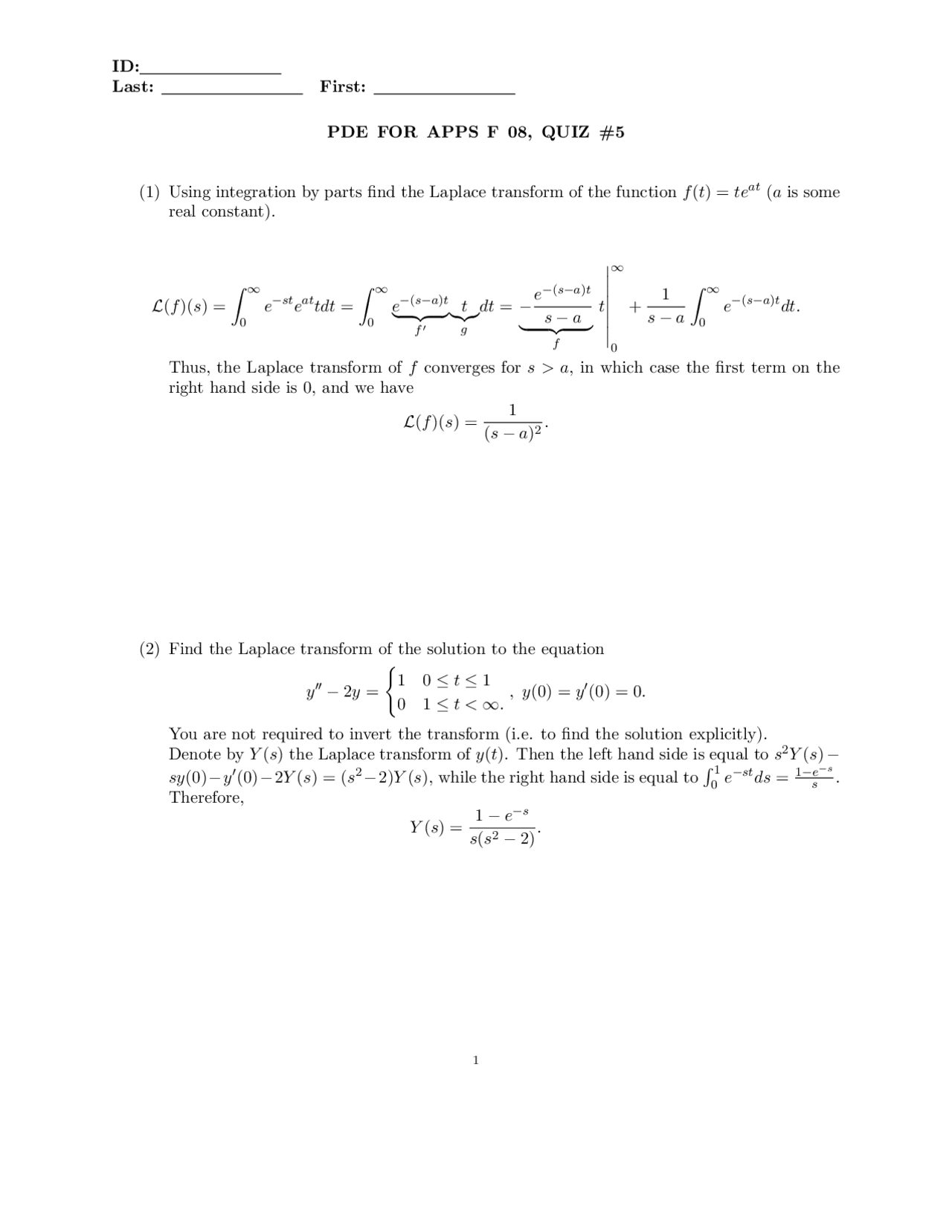 Quiz 5 For Differential Equations For Applications Math 3410 Docsity