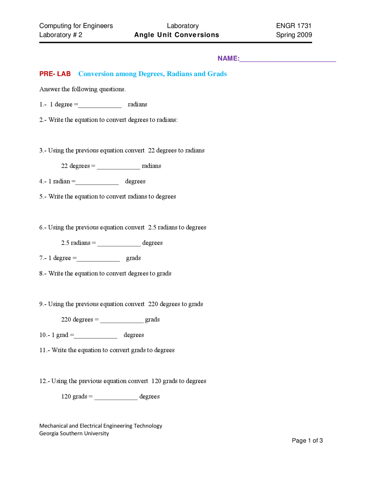 Pre Lab Conversion Among Degrees Radians And Grads Engr 1731 Docsity