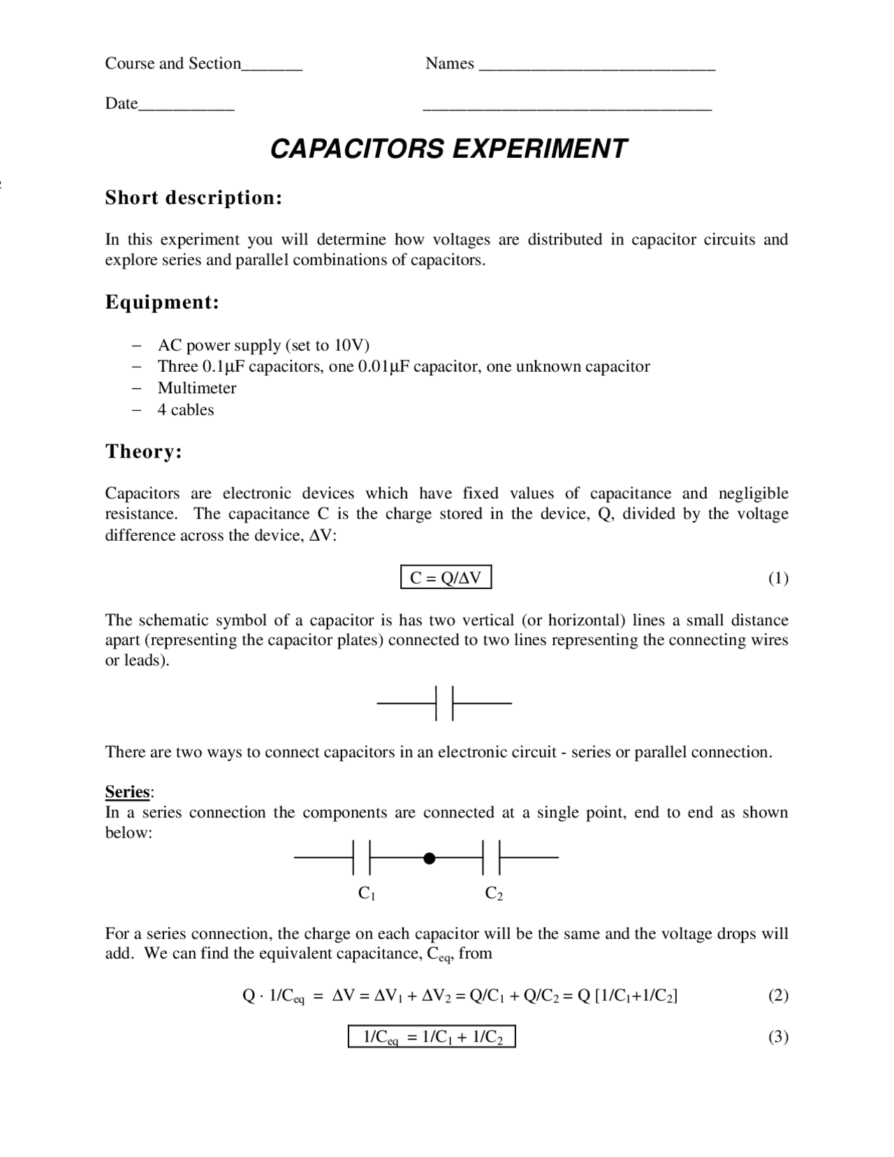 Capacitors Experiment on General Physics with Calculus II | PH 106 - Docsity