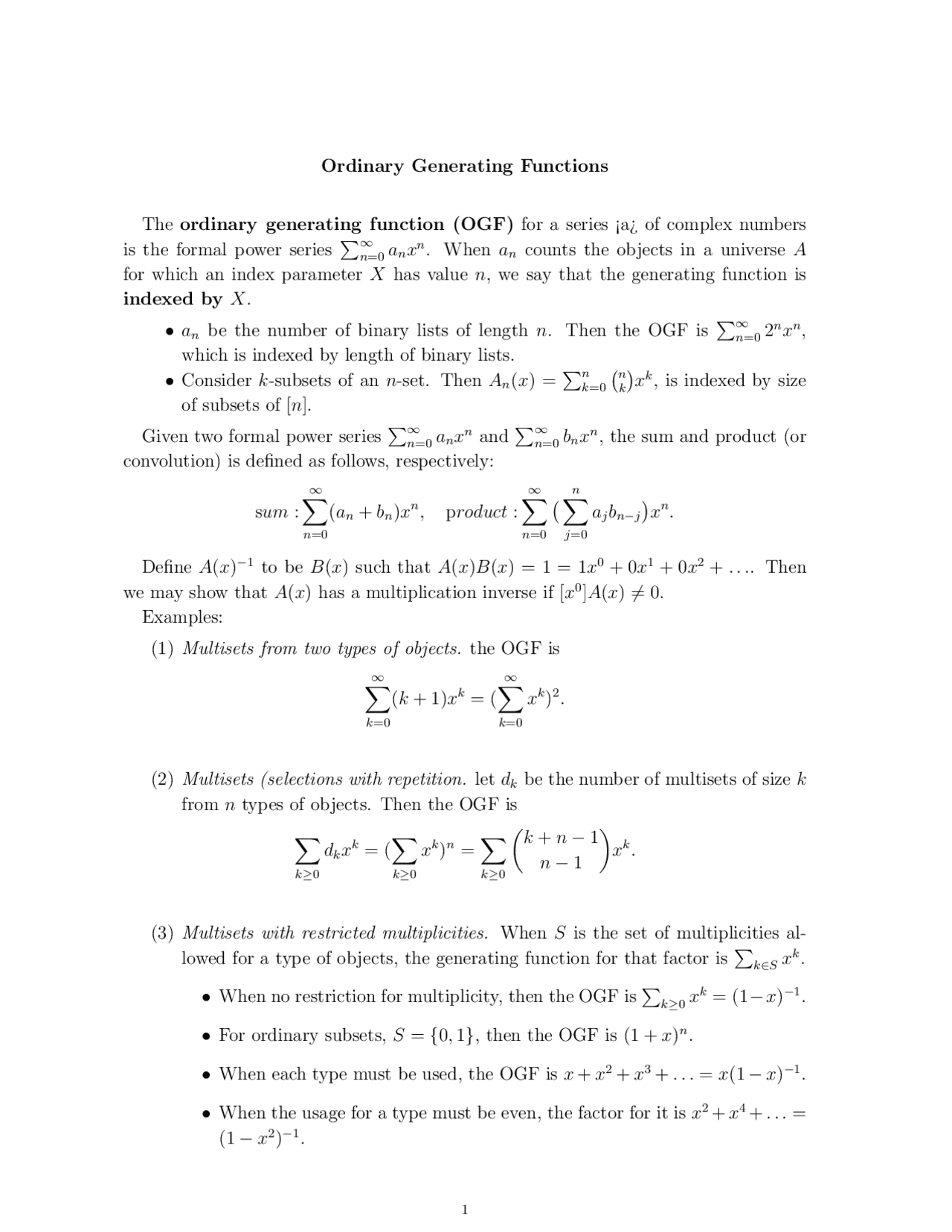 Ordinary Generating Functions Lecture Notes Math 410 Docsity