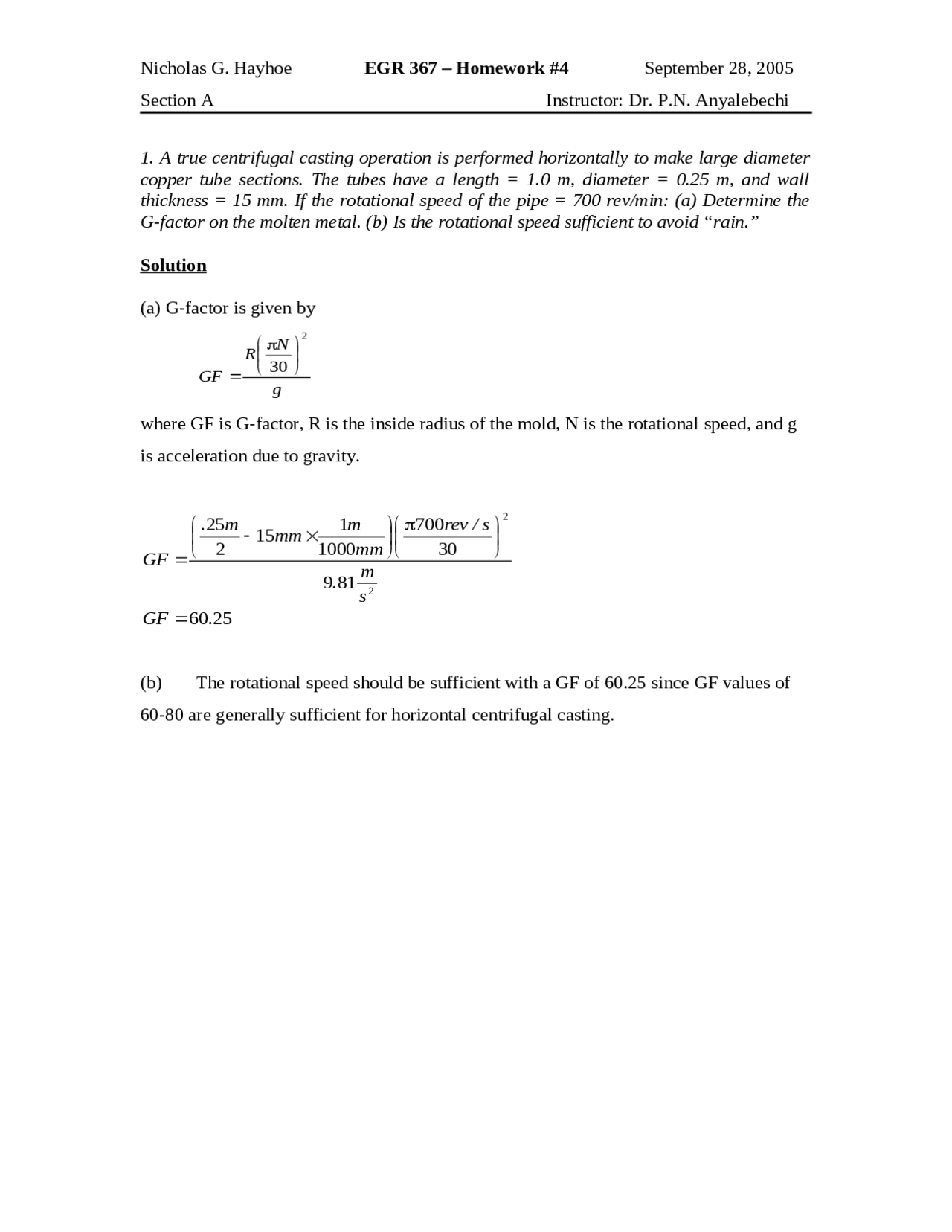 Homework 4 With Solutions Manufacturing Processes Egr 367 Docsity