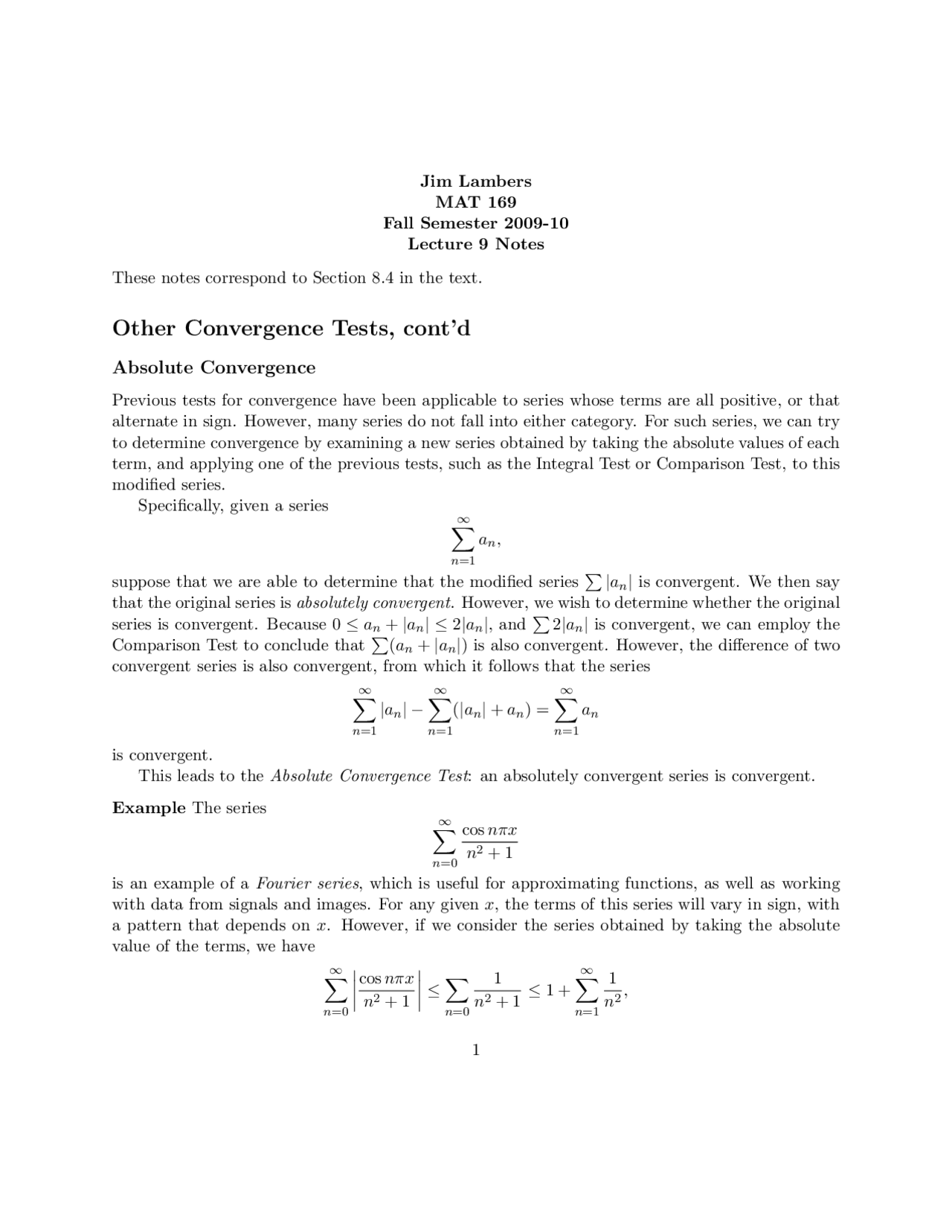 Lecture Notes On Absolute Convergence And Examples Mat 169 Docsity