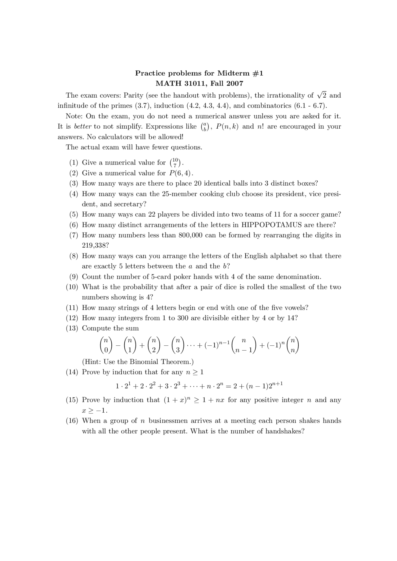 Midterm Exam 1 Practice Problems Fall 2007 Math 31011 Docsity