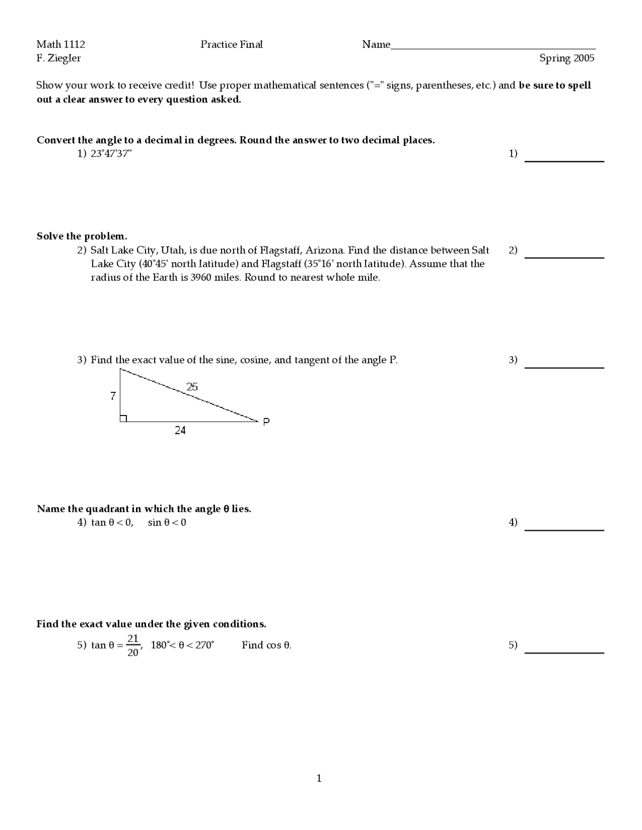 Practice Final Exam With Questions College Trigonometry Math 1112