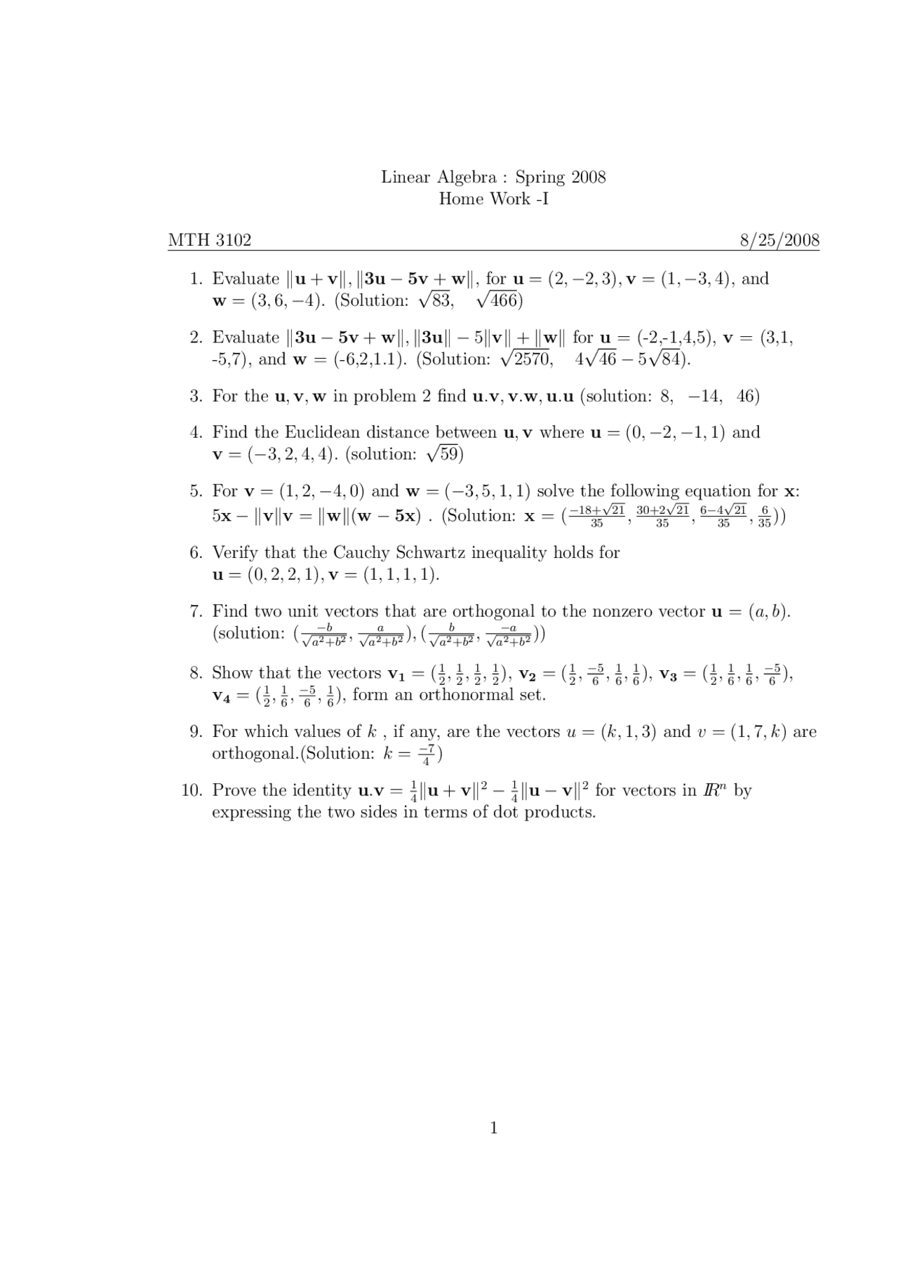 Introduction To Linear Algebra Homework I Questions Mth 3102