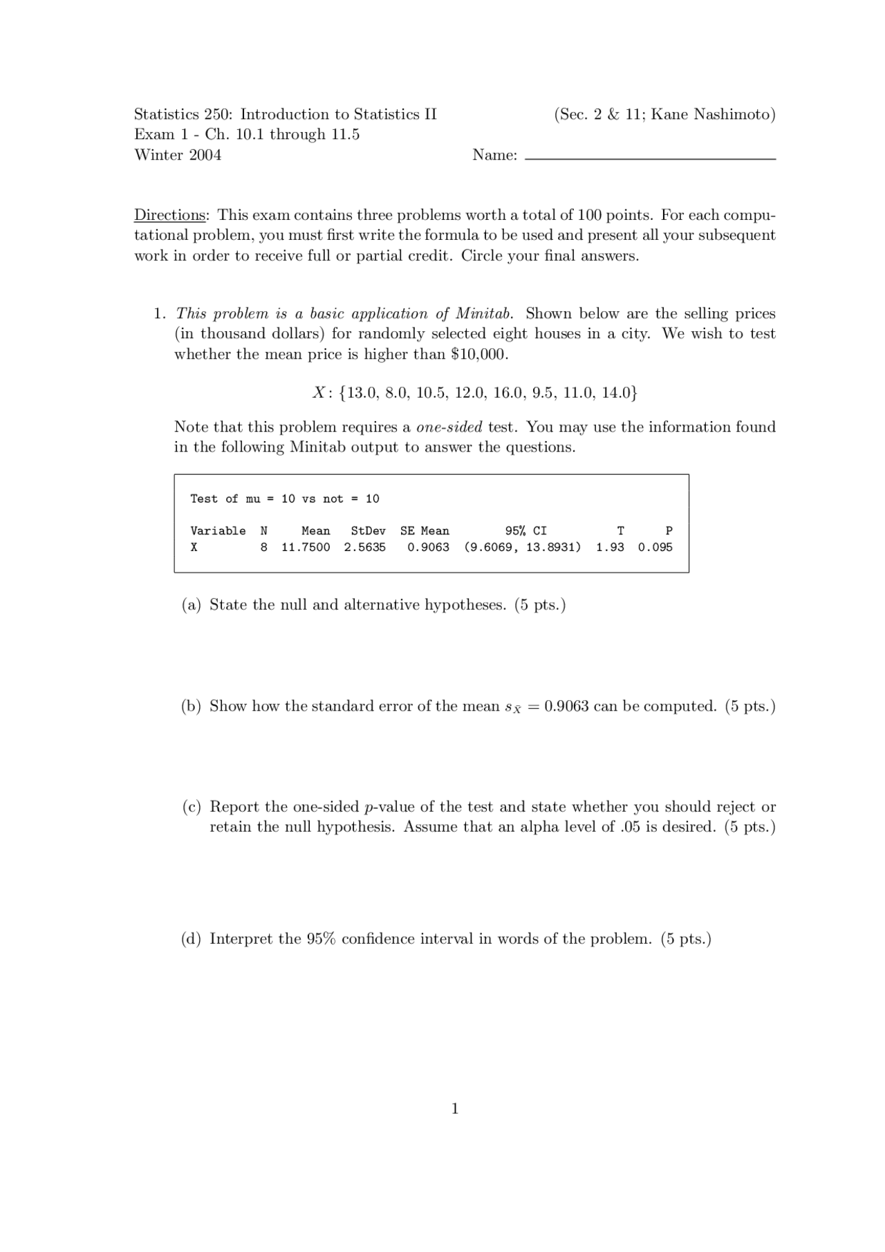 Exam 1 for Introduction to Probability and Statistics II | STAT 3500 ...