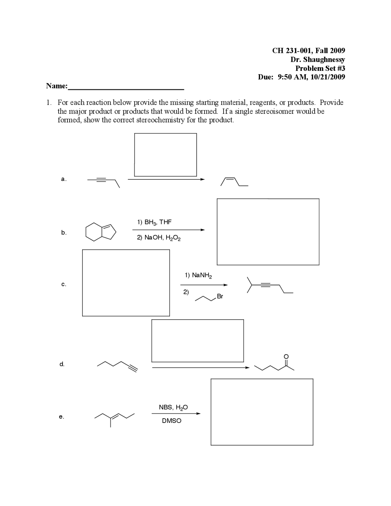 Problem Set 3 Practice Problems On Elementary Organic Chemistry I Ch
