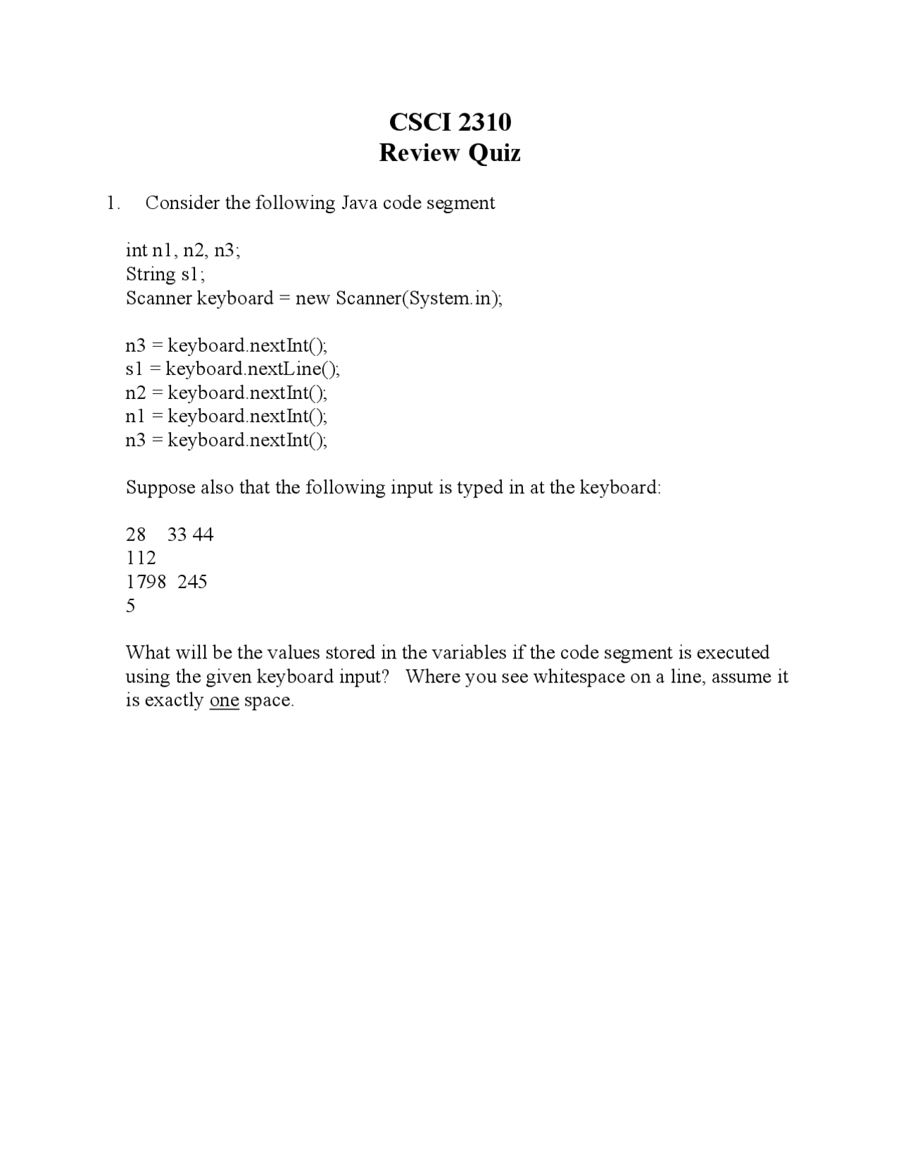 Algorithmic Problem Solving Review Quiz Csci 2310 Docsity 4342